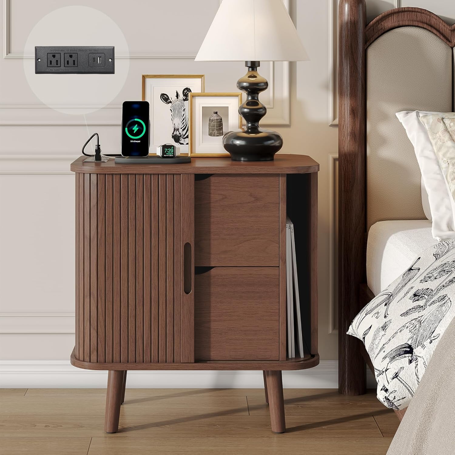 Alohappy Nightstand with Charging Station, Mid Century Night Stands ...