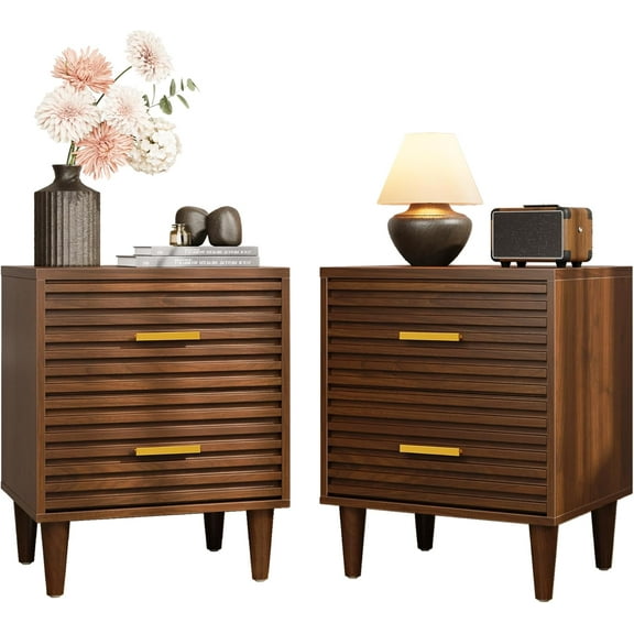 Fluted Nightstands Set of 2, Modern Bedside Table with Drawer and Storage Shelf, Wood End Table ...