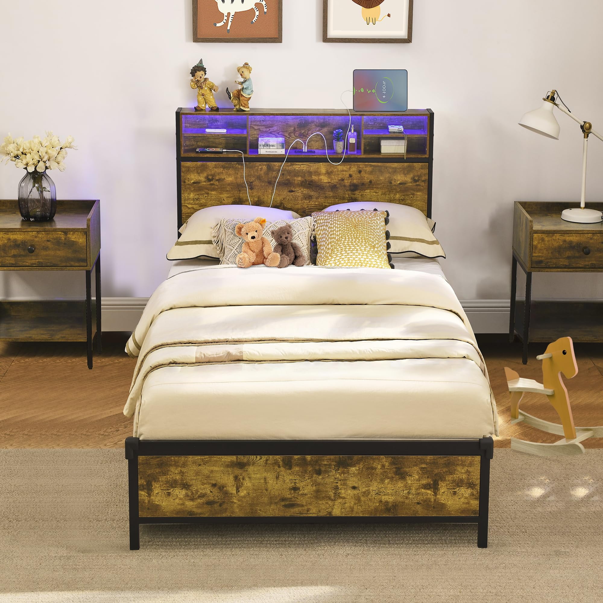 Alohappy Twin LED Bed Frame with Bookcase, Charging Station & USB ...