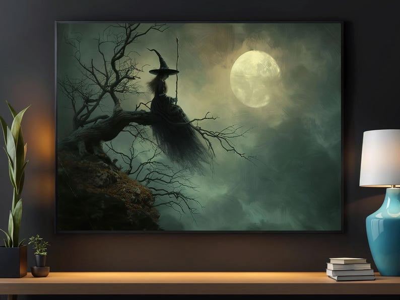 Alone Witch Under Moonlight Canvas Print, Halloween Wall Art, Halloween ...
