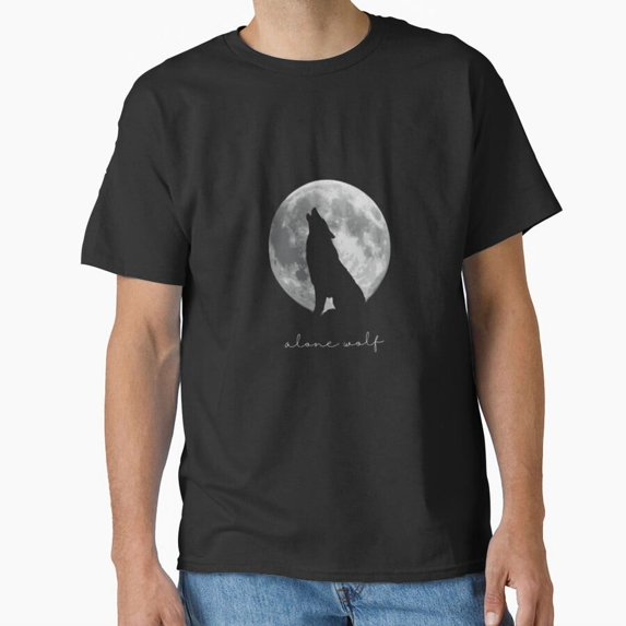 Alone Wolf Howling At Full Moon Dark Minimal Celestial Art Unisex T ...