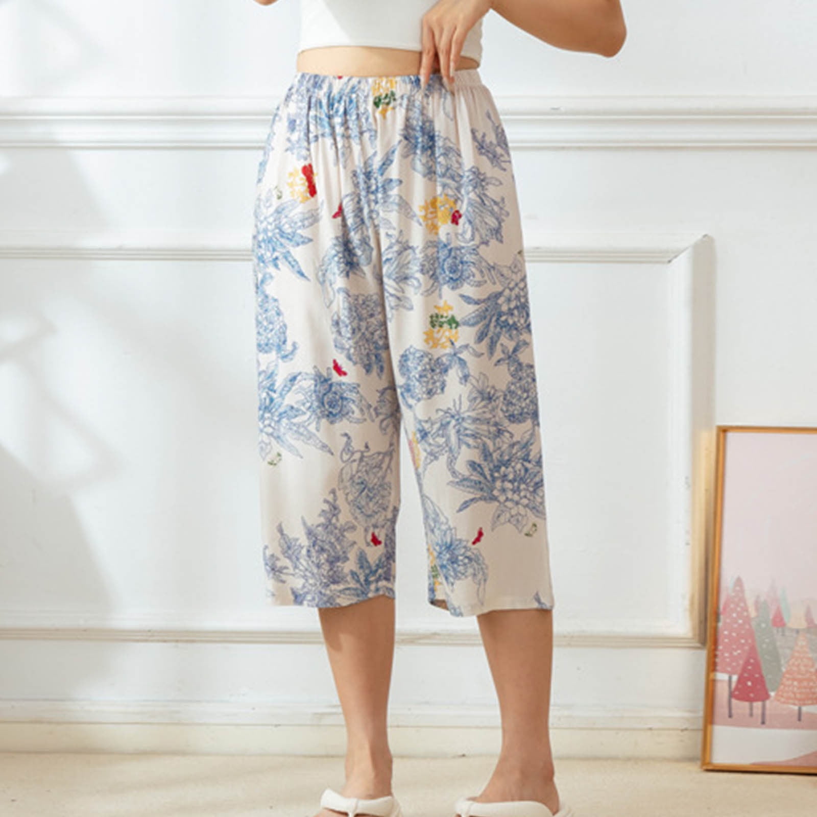 Aloohaidyvio Capri Pants for Women High Waisted Wide Leg Linen Palazzo Trousers Pull On Elastic ...