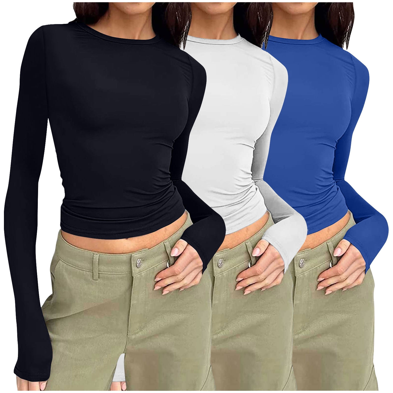 Aloohaidyvio 3 Pack Women's Casual Basic Long Sleeve Top Slim Fit Crew ...