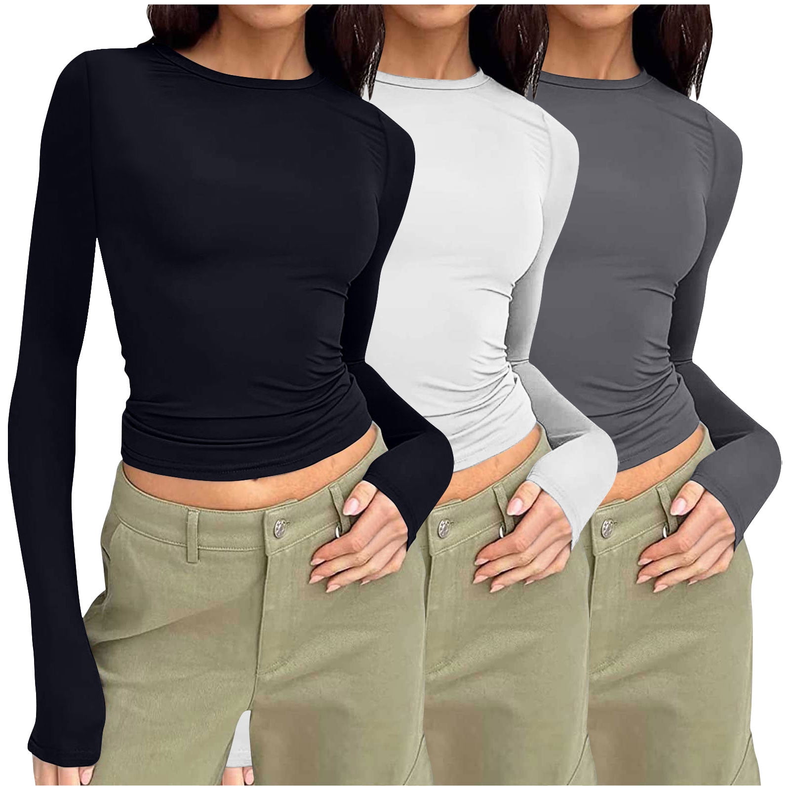 Aloohaidyvio Clearance 3 Pack Womens Long Sleeve Shirts Basic Spring ...