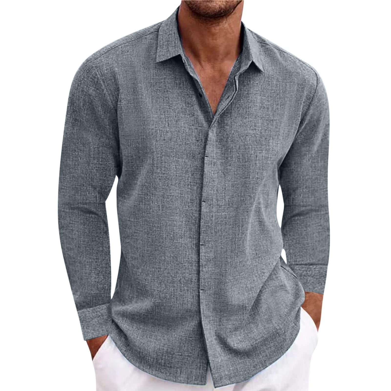 Aloohaidyvio George Men's Cotton Linen Dress Shirts Solid Long Sleeve Stretch Formal Shirt ...