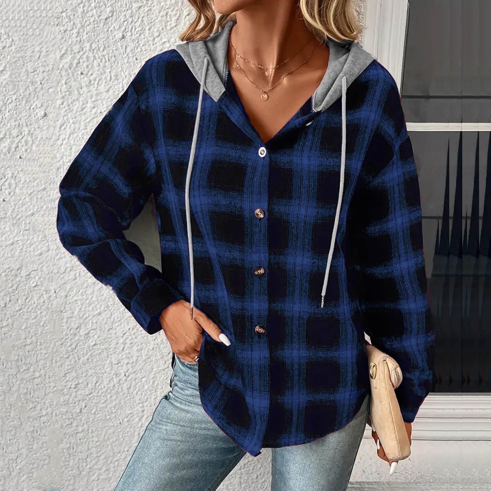 Aloohaidyvio Hooded Flannel Shirt Women Plaid Jacket Long Sleeve Button ...
