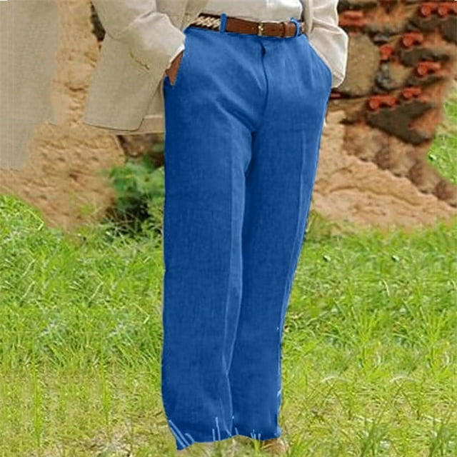 Aloohaidyvio Men's Casual Linen Pants Elastic Waist Drawstring Beach ...