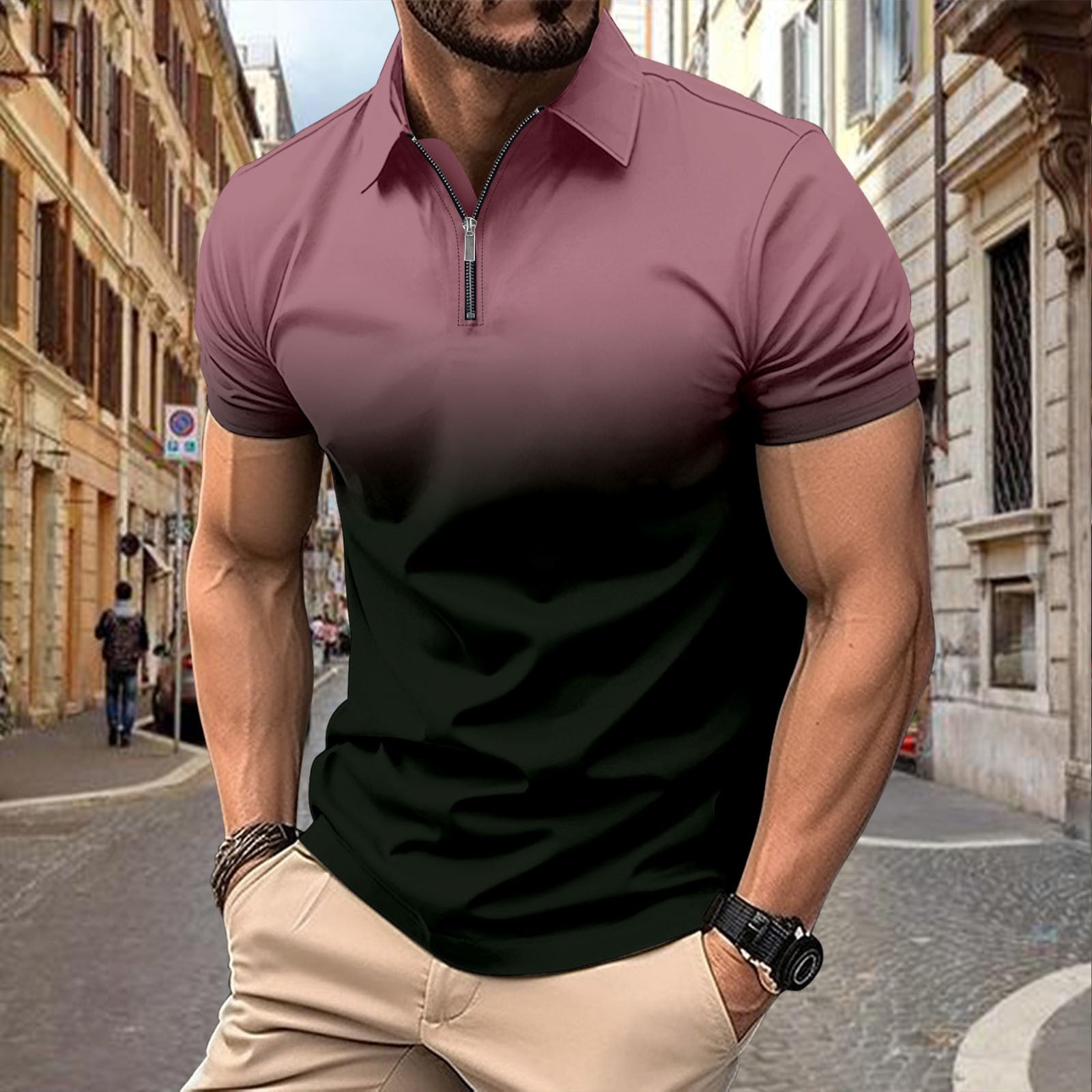 Aloohaidyvio Men's Fallow Zipper Turn-down Collar Top Short-Sleeved ...