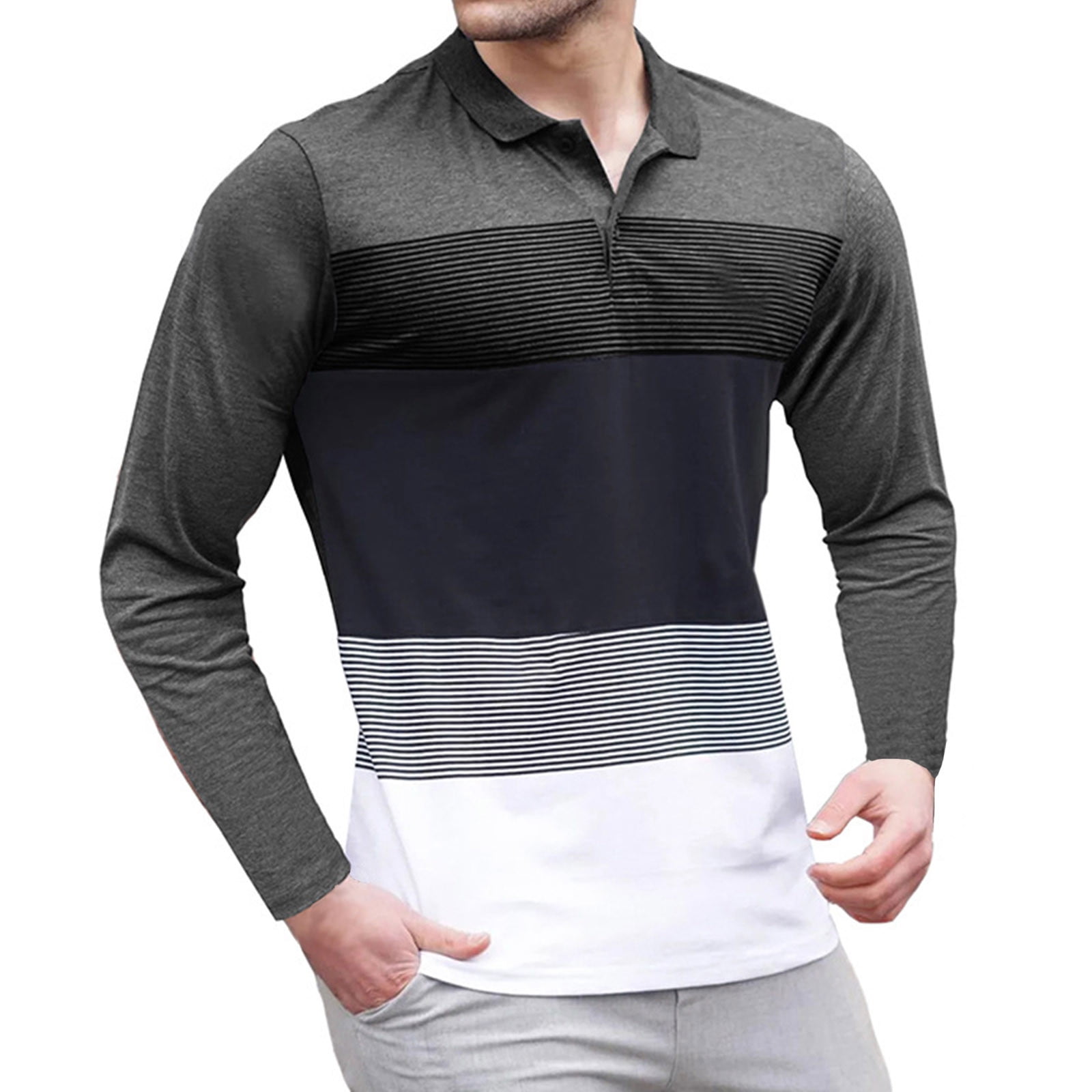 Aloohaidyvio Men's Long Sleeve Polo Shirt Striped Collar Casual Slim Fit Cotton Polo T Shirts ...