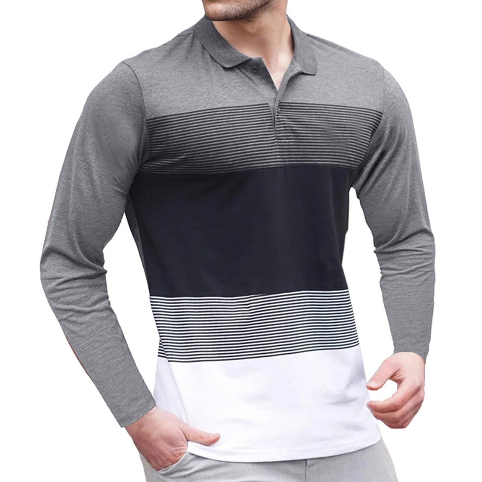 Aloohaidyvio Men's Long Sleeve Polo Shirt Striped Collar Casual Slim Fit Cotton Polo T Shirts ...