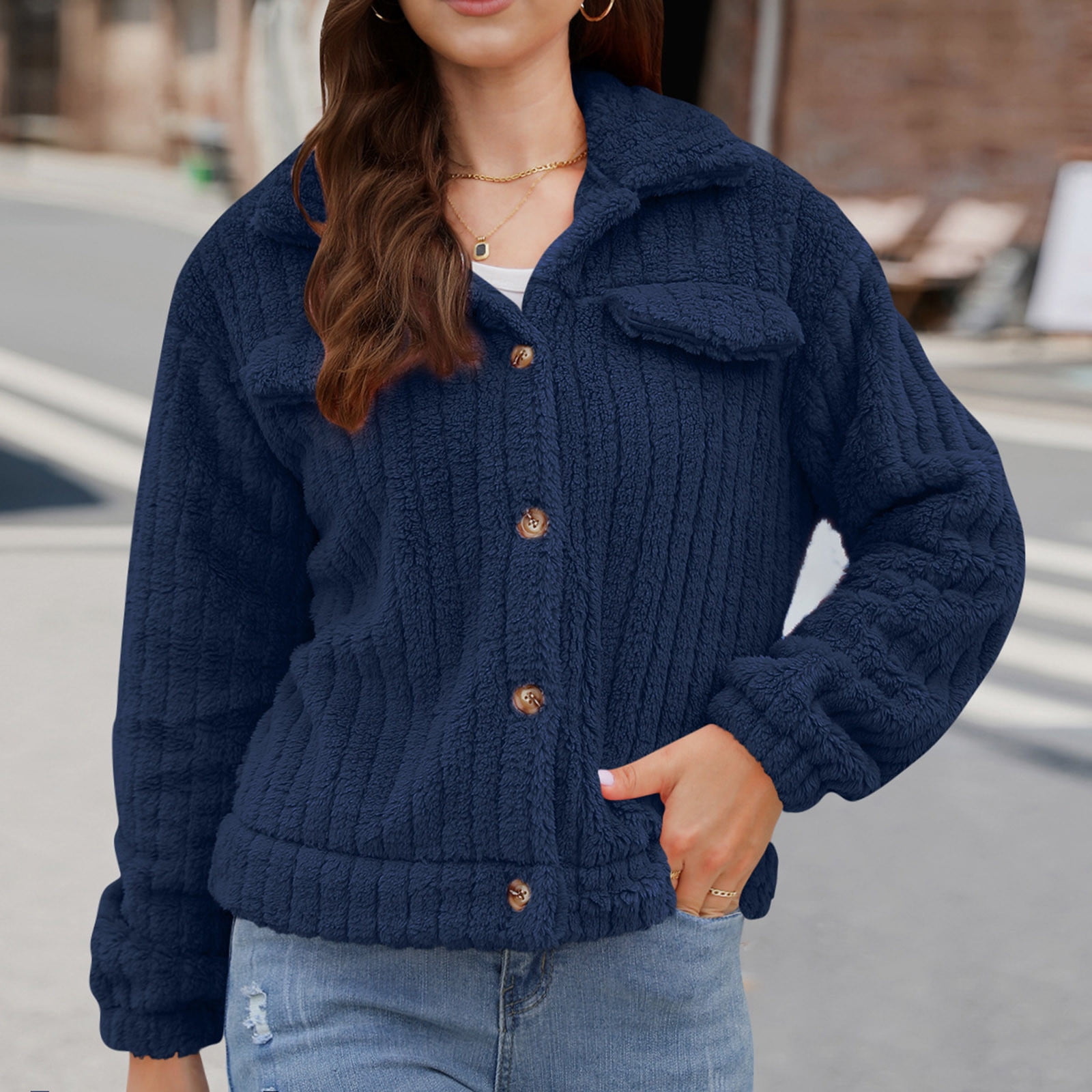 Aloohaidyvio Women Winter Casual Fuzzy Button Down Long Sleeve Warm ...