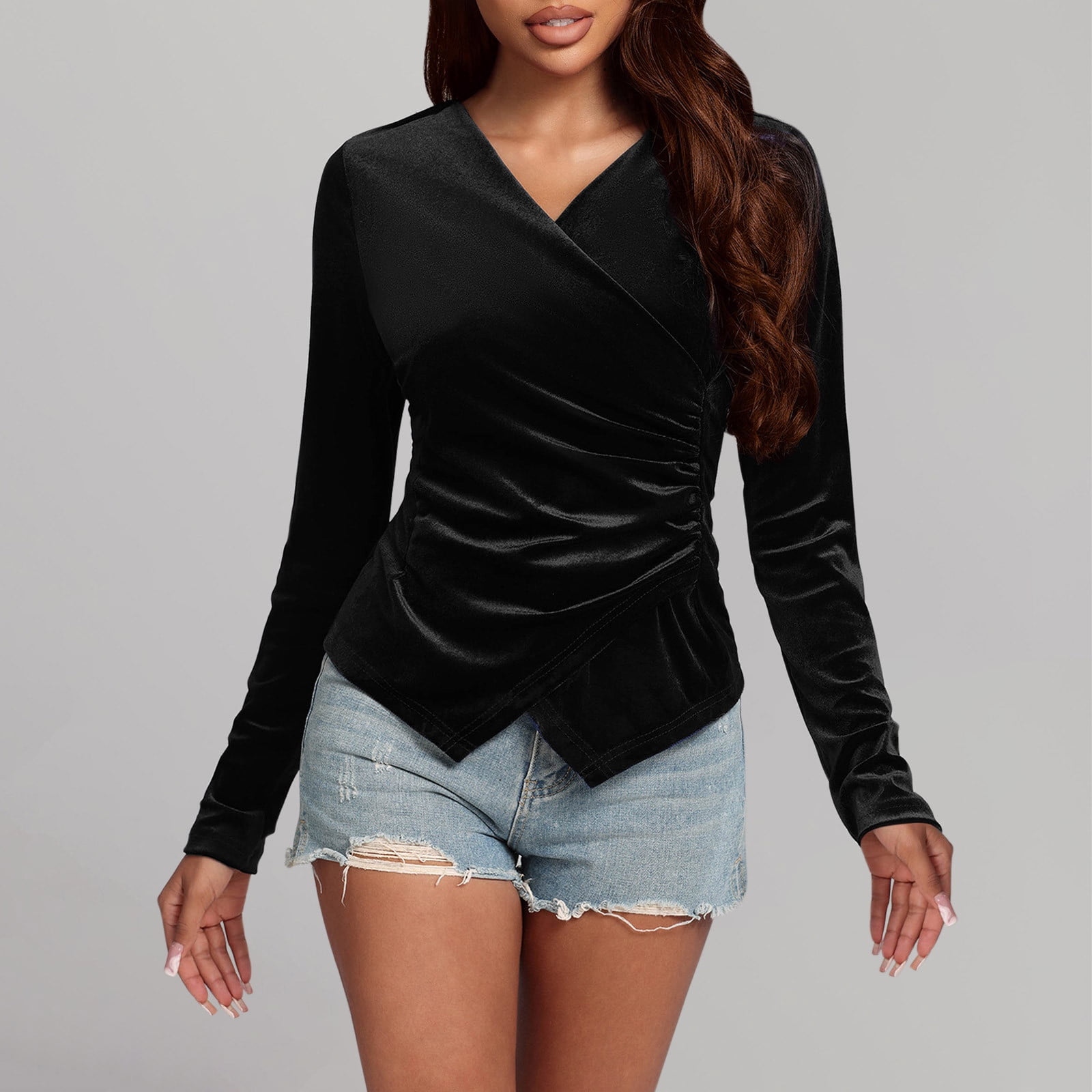 Aloohaidyvio No Boundaries Womens Long Sleeve Velvet Tops Collared ...