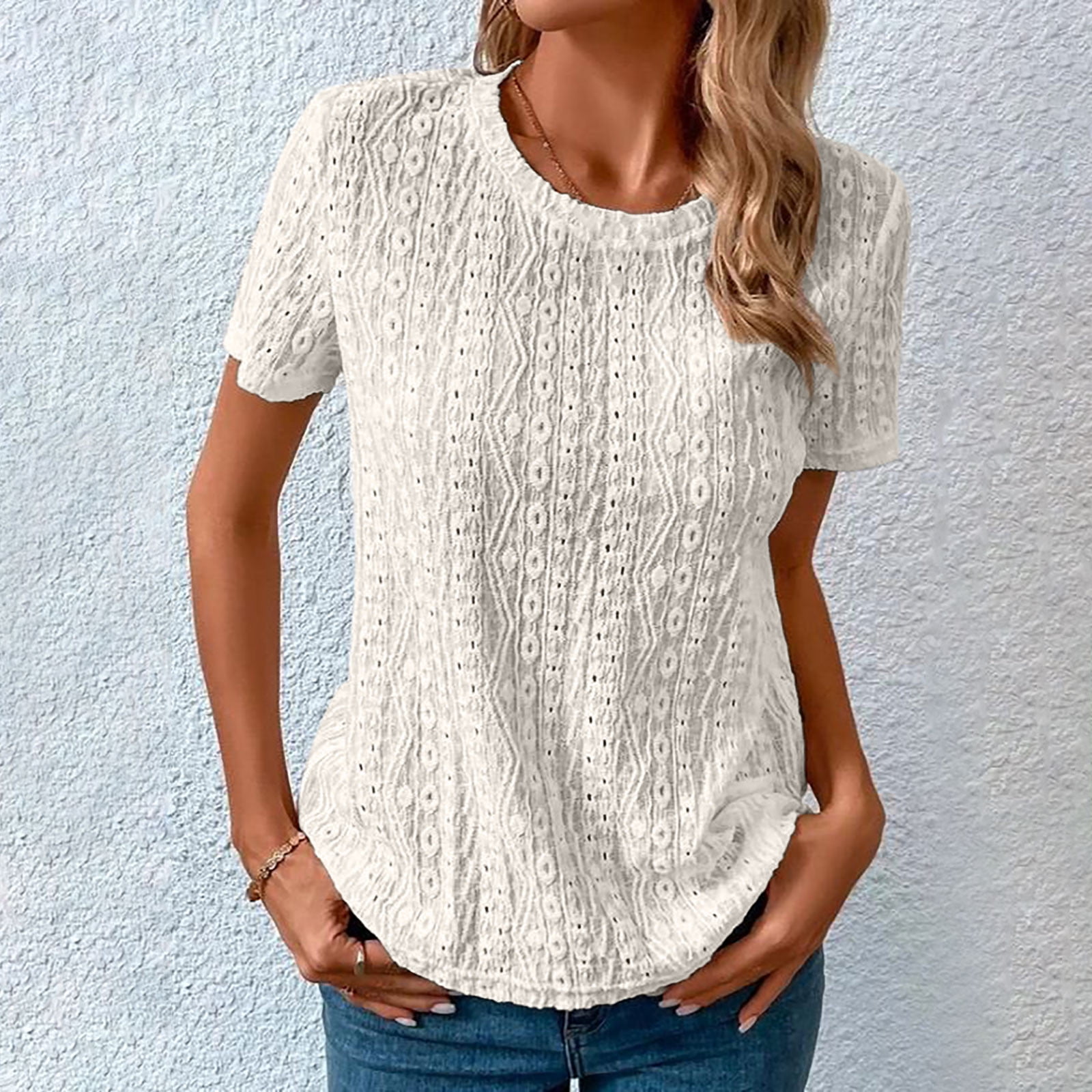 Aloohaidyvio Tops Clearance,Womens Solid Round Neck T-Shirt Hollow ...