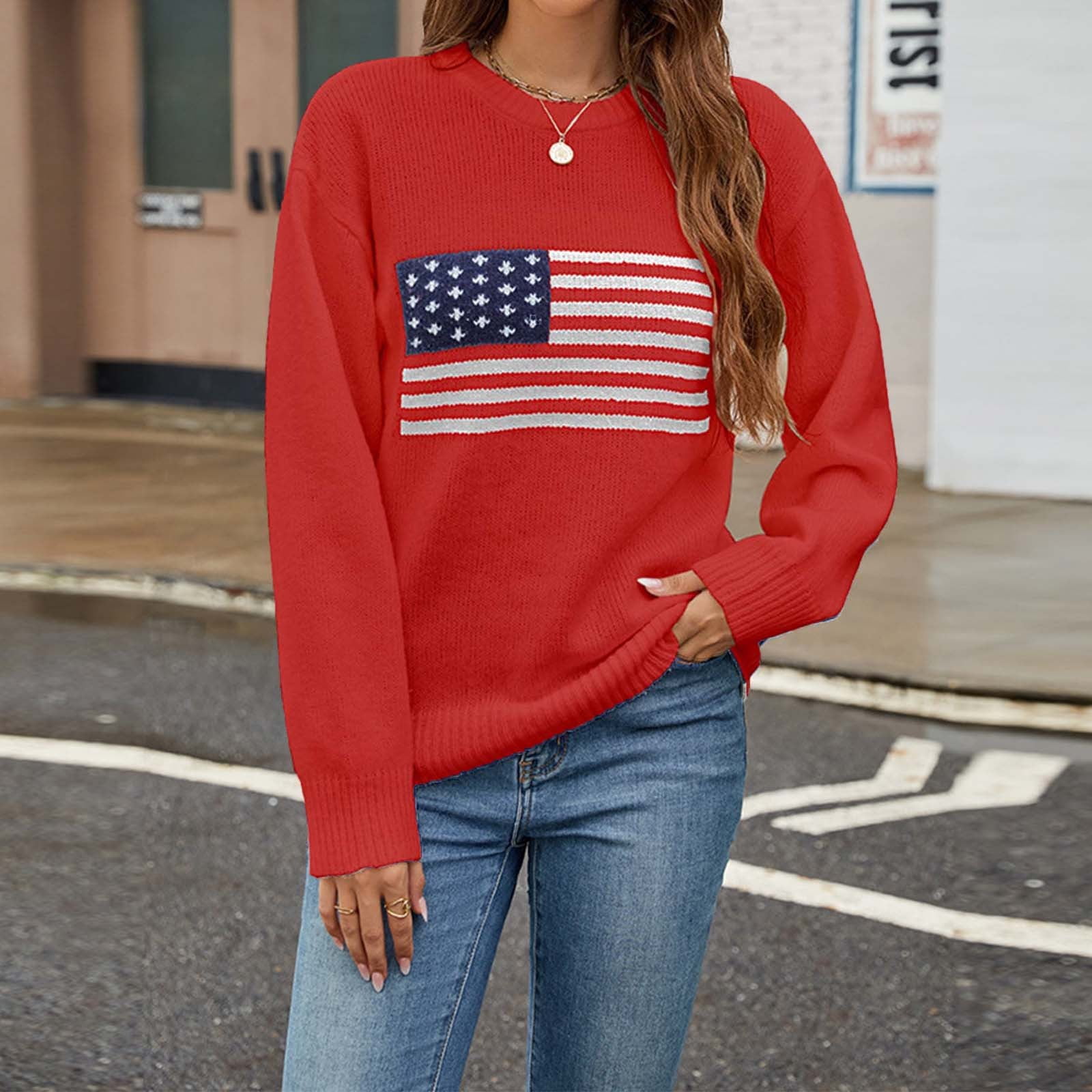 Aloohaidyvio Women's American Flag Sweaters Long Sleeve Crew Neck ...