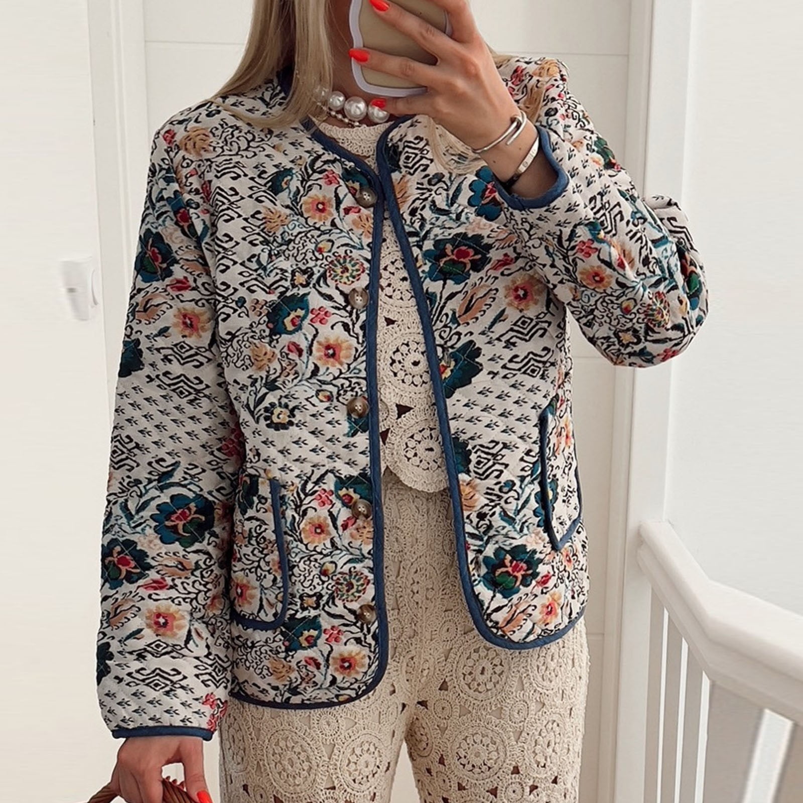 Aloohaidyvio Women's Cropped Floral Quilted Jacket Cardigan Printed ...