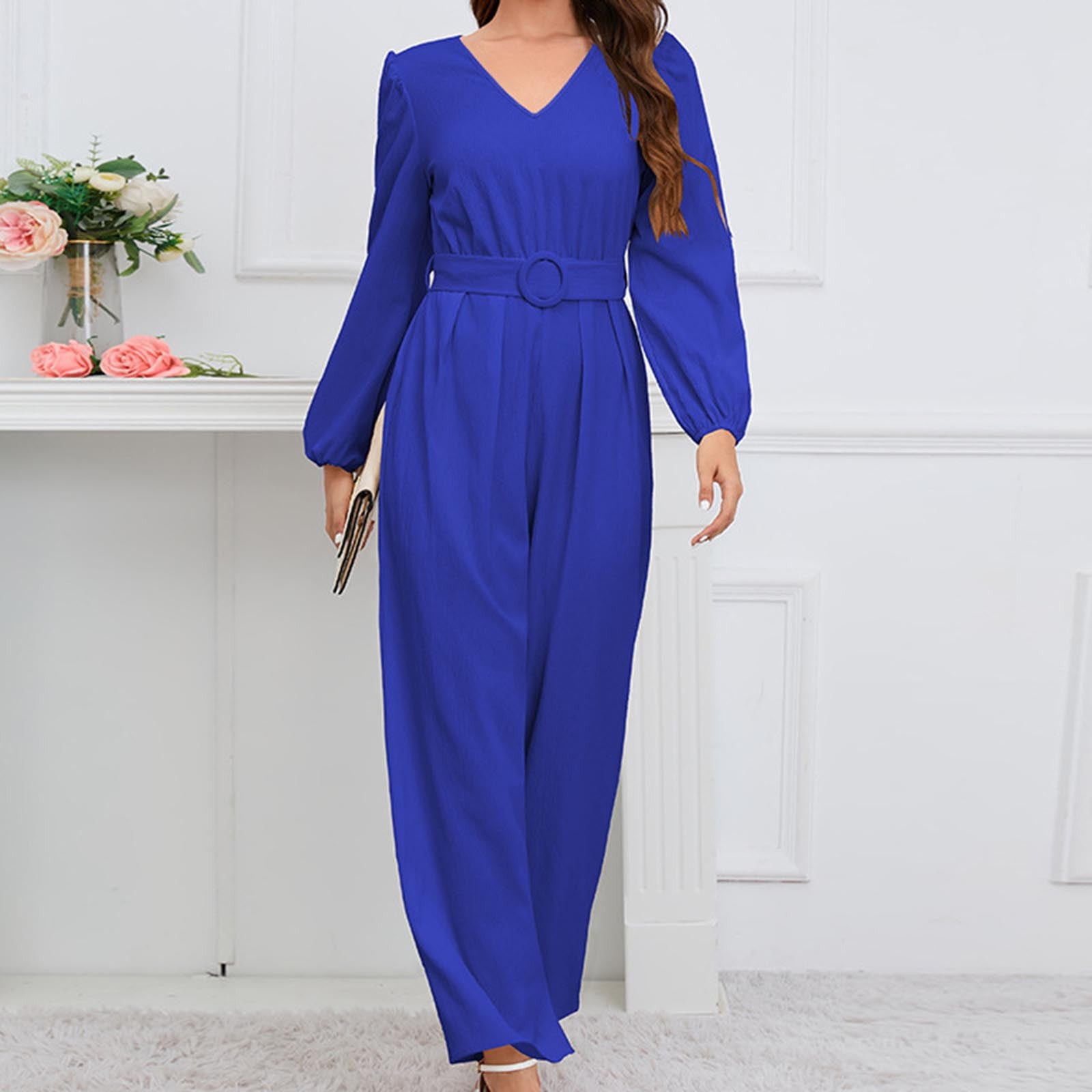Aloohaidyvio Women's Elegant V Neck Jumpsuit Casual Straight Trousers ...