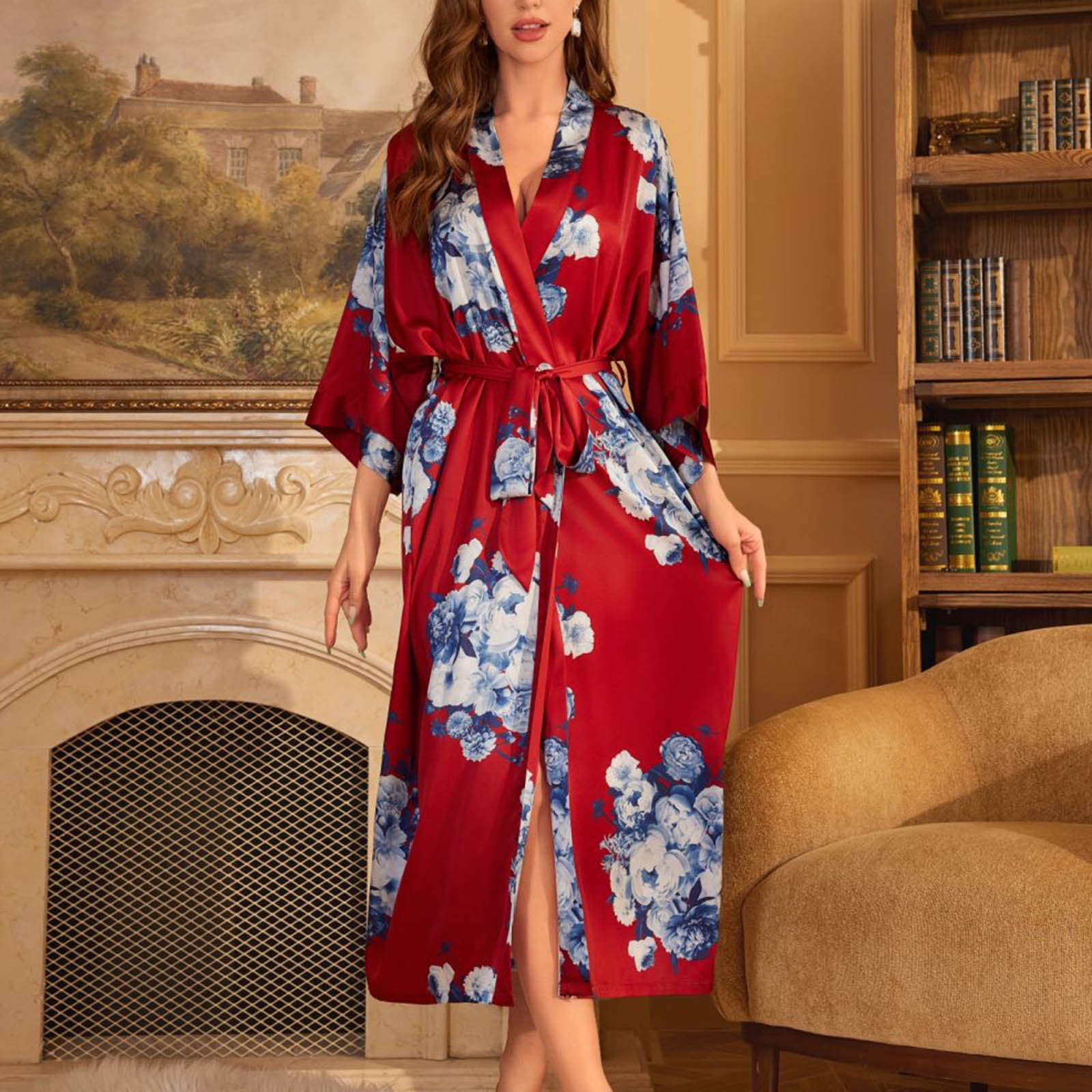 Aloohaidyvio Womens Long Floral Satin Kimono Robes Bridal Dressing Gown Wedding Bridesmaid