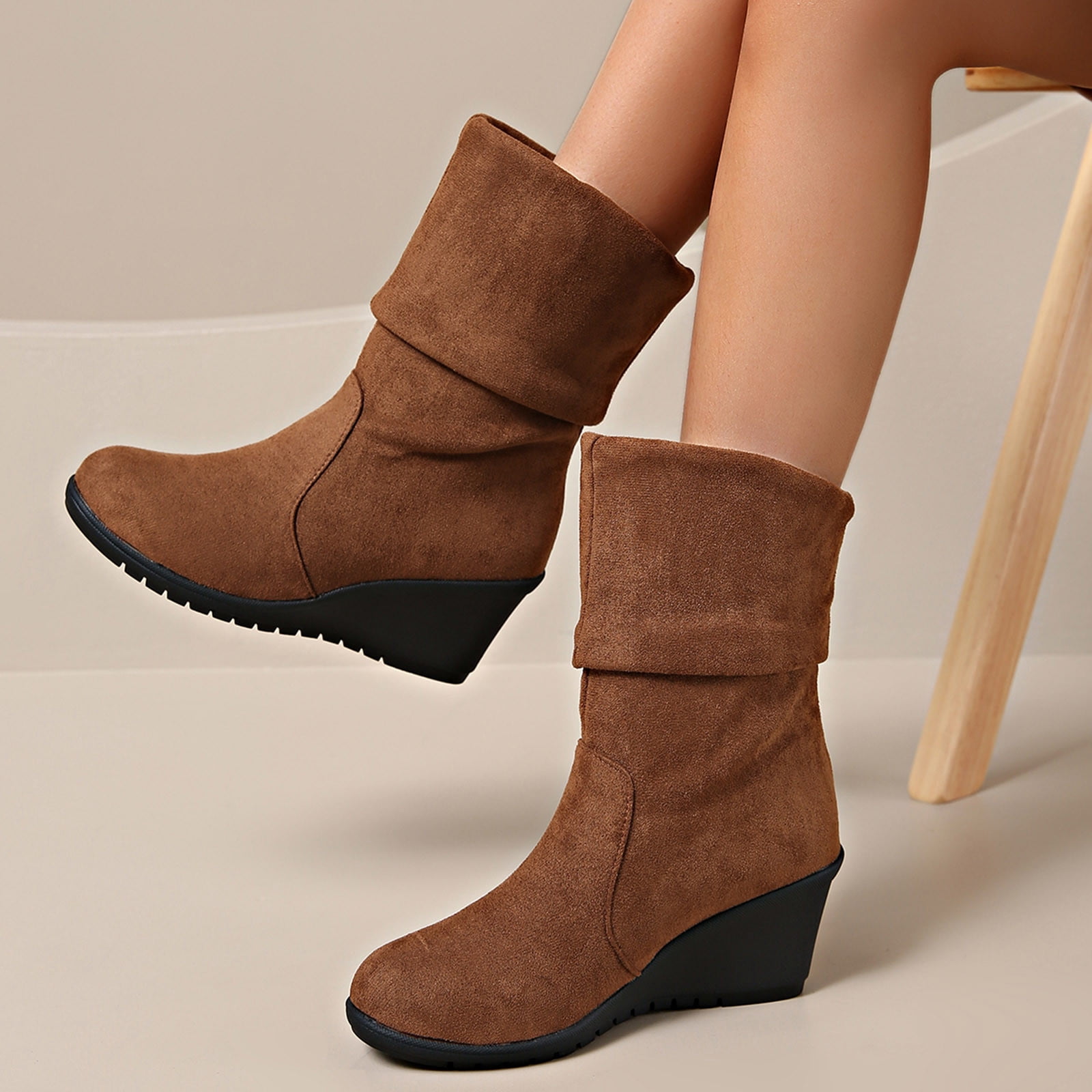 Aloohaidyvio Women's Mid Calf Boots Fashion Slouch Flat Ankle Booties ...