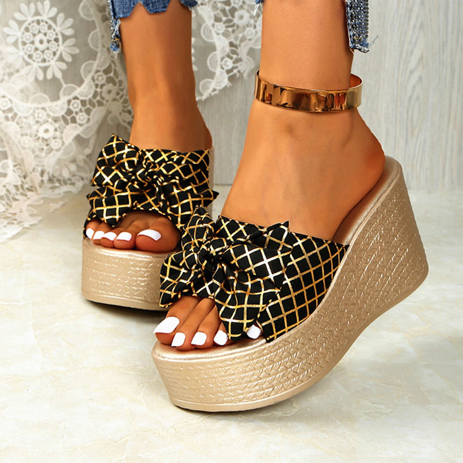 Aloohaidyvio Womens Linen Beach Platform Sandals Adjustable Buckle ...