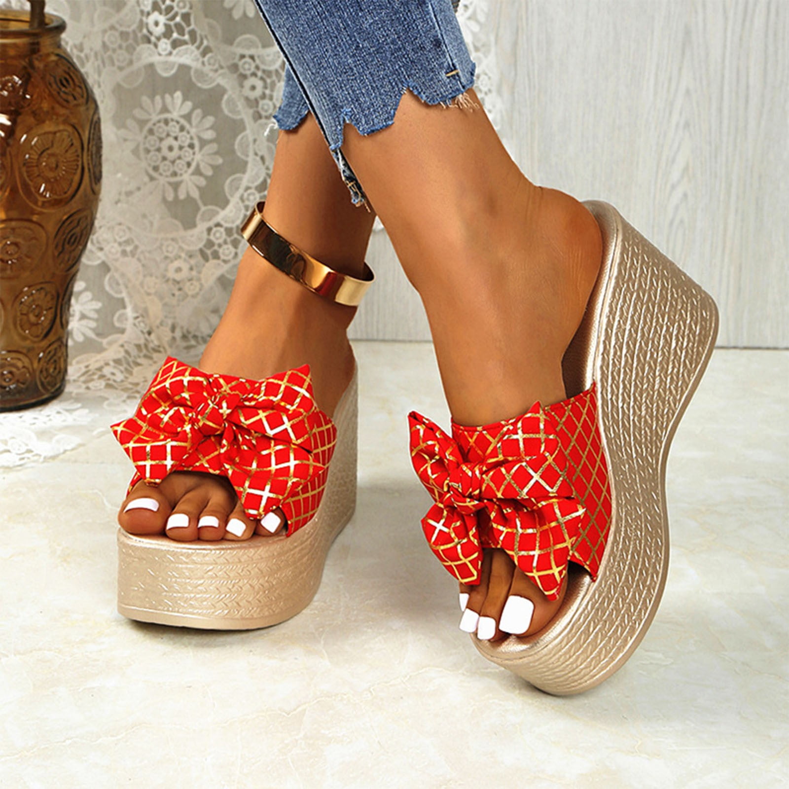 Aloohaidyvio Womens Linen Beach Platform Sandals Adjustable Buckle ...