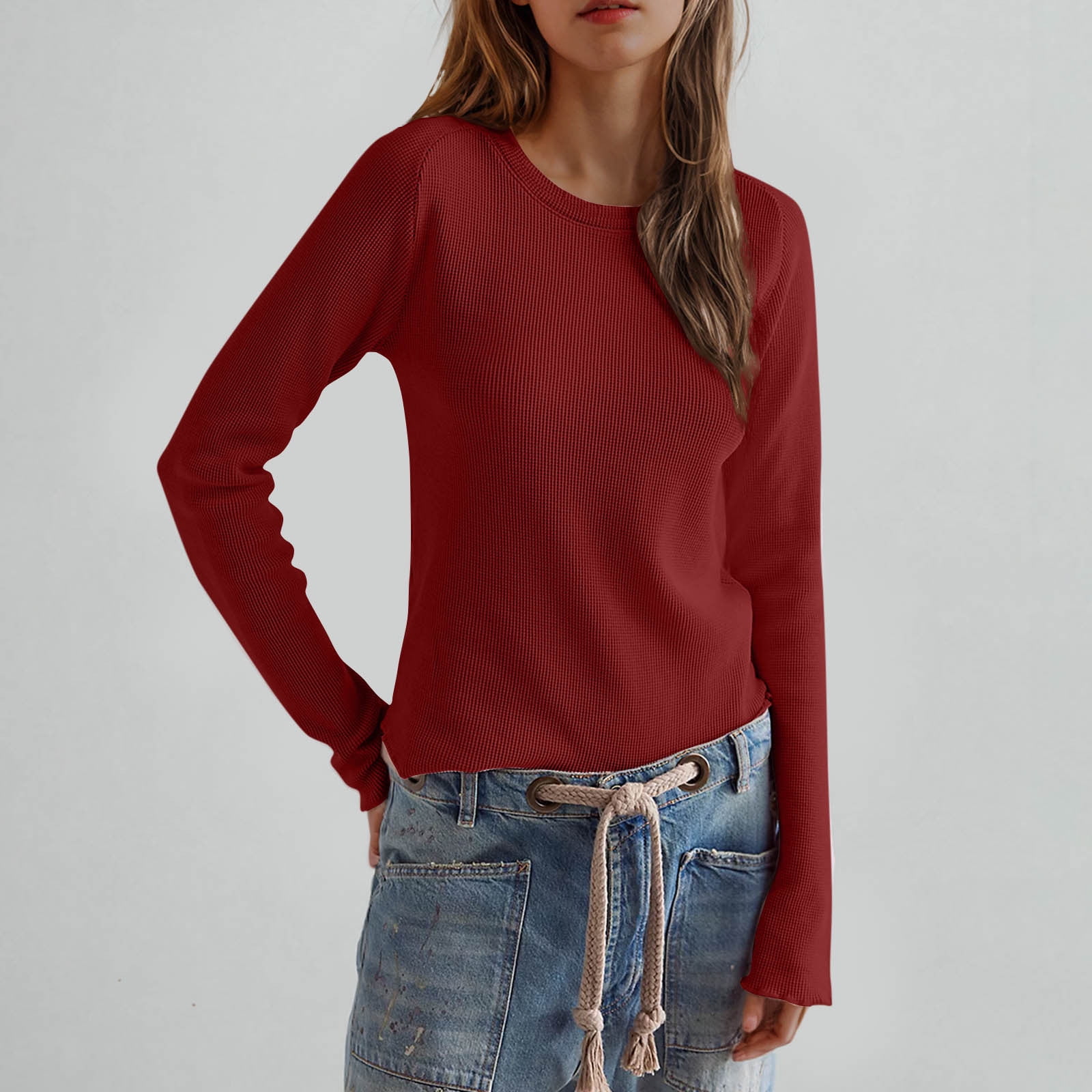 Aloohaidyvio Womens Long Sleeve Basic Tee Crewneck Cotton Knit T-Shirt ...