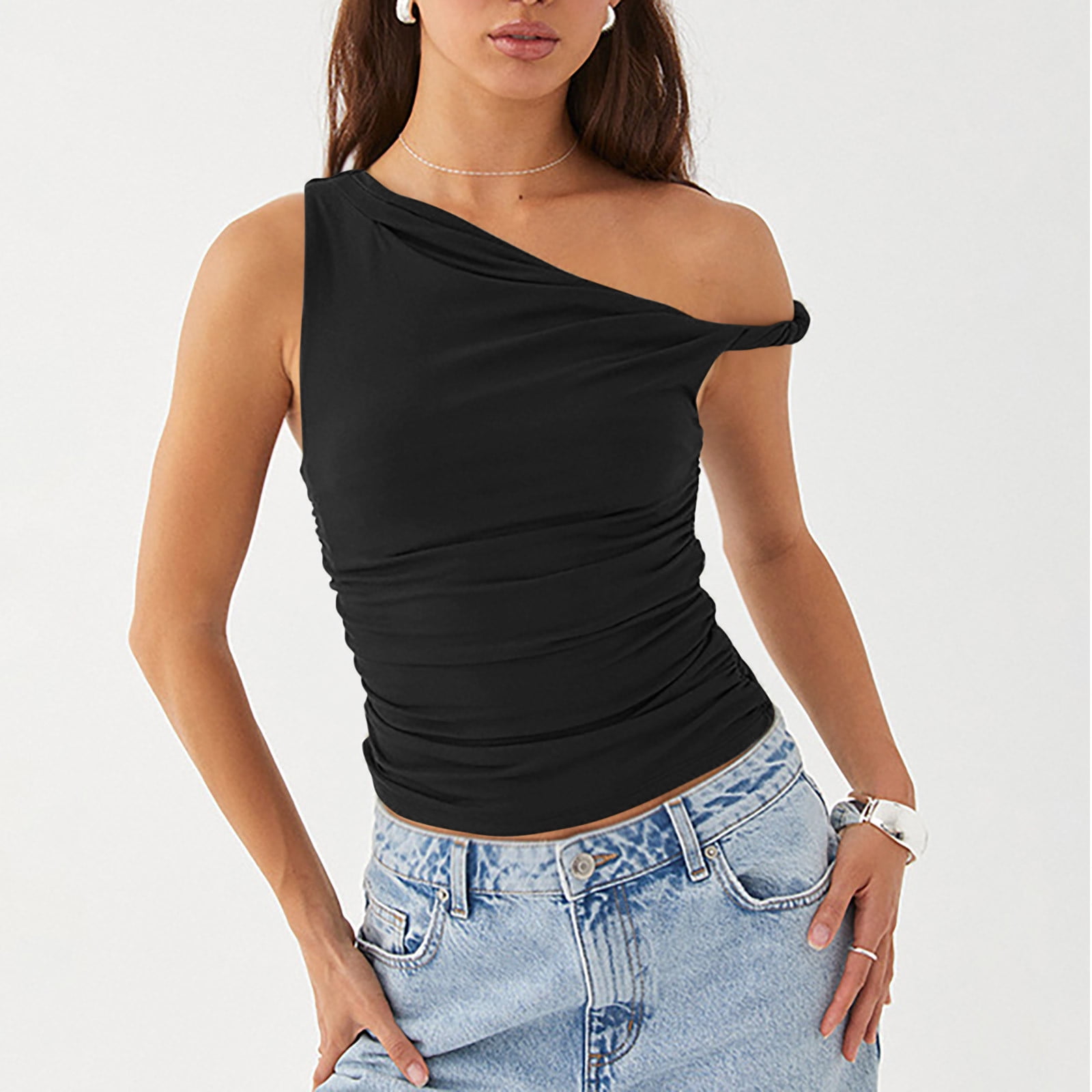 Aloohaidyvio Womens One Shoulder Ruched Crop Tank Tops Casual Off The ...