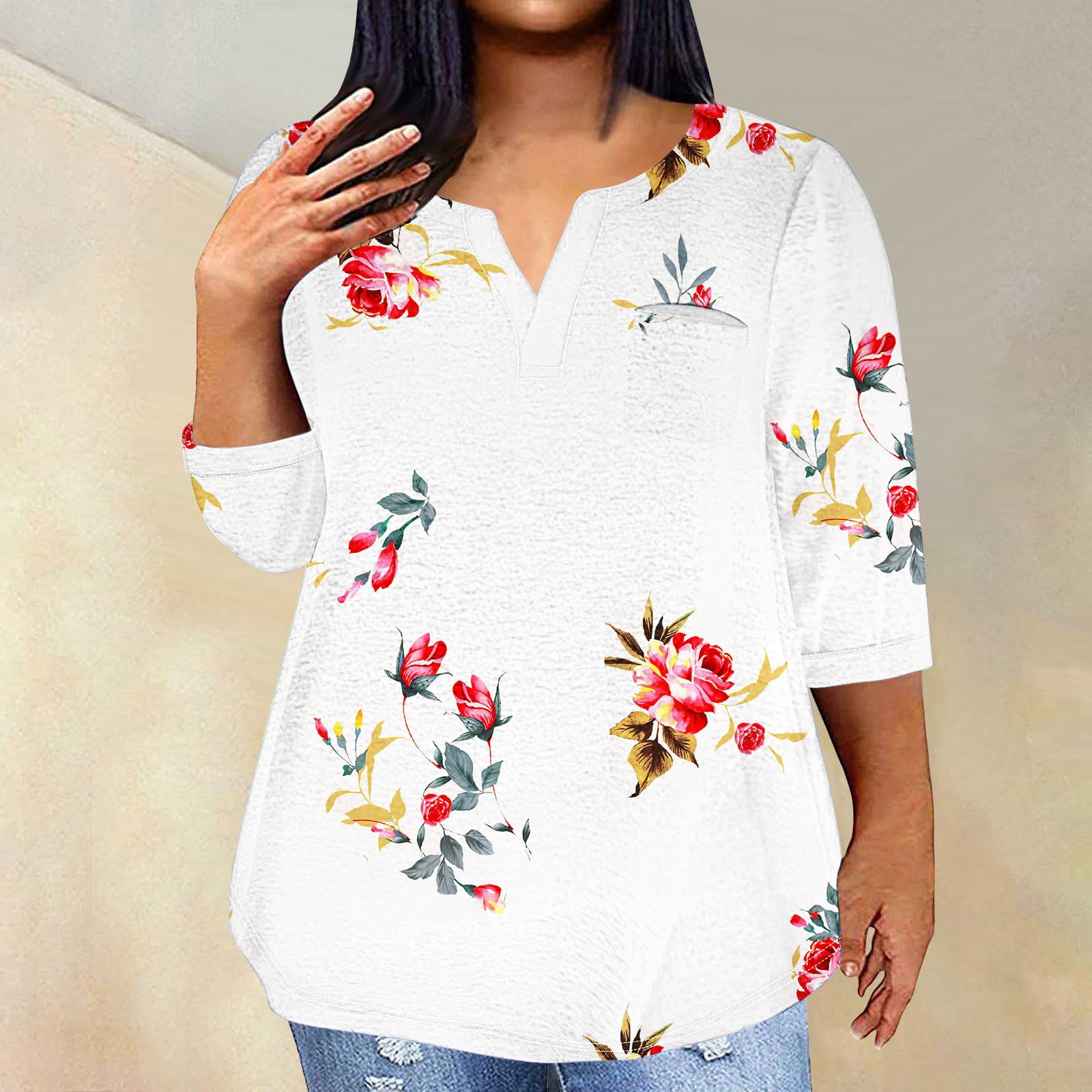 Aloohaidyvio Womens Spring Printed 3/4 Sleeve Shirts Tunic Tops V Neck ...