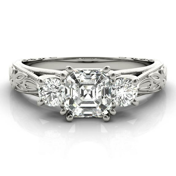 Alor Jewelry Three Stone and Leaf Ring - 1.8 Ct Asscher Cut Moissanite Engagement Ring - 14K ...