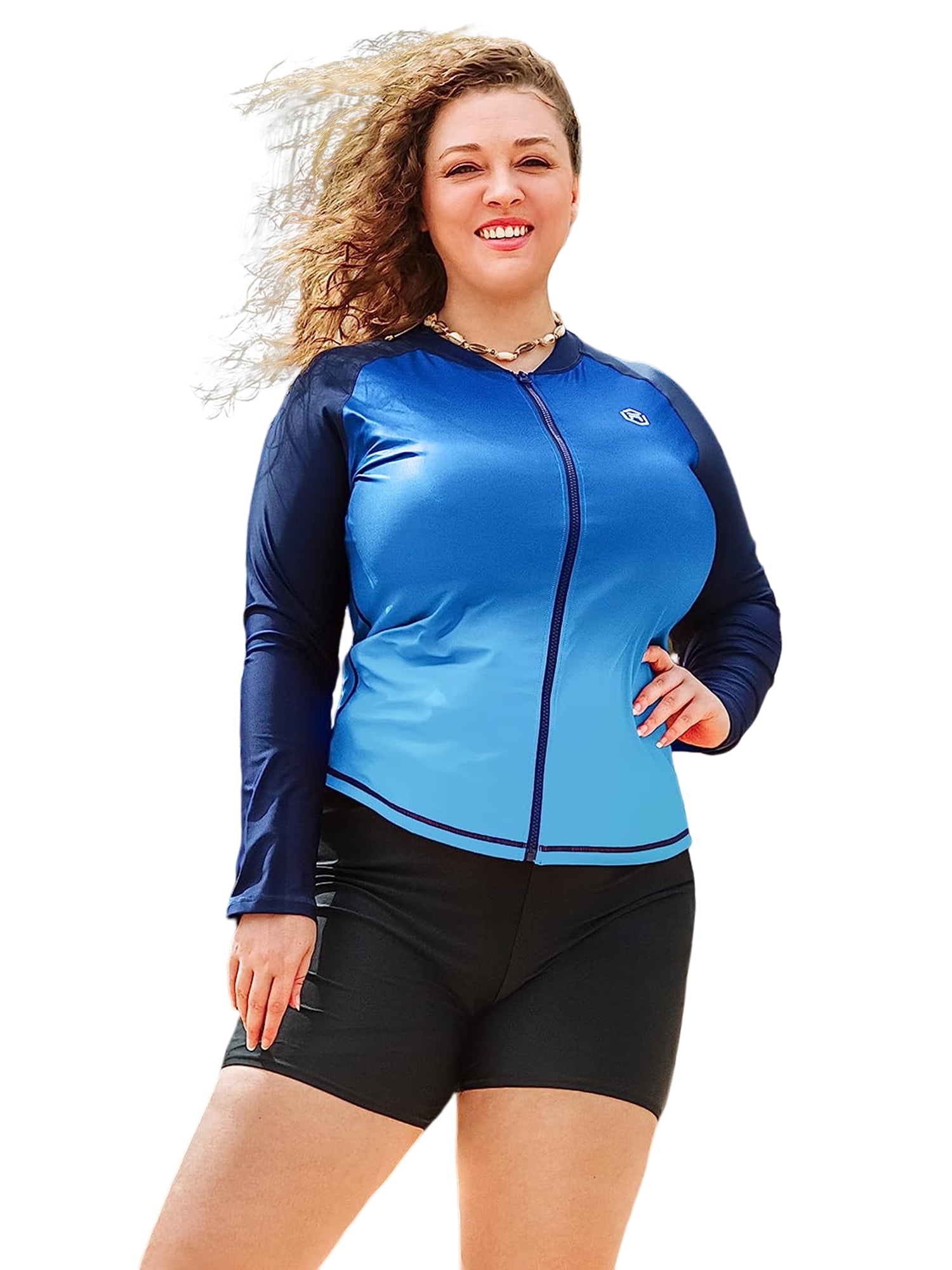 Alove Women Long Sleeve Zipper Gradient Rash Guard Plus Size Swimwear ...