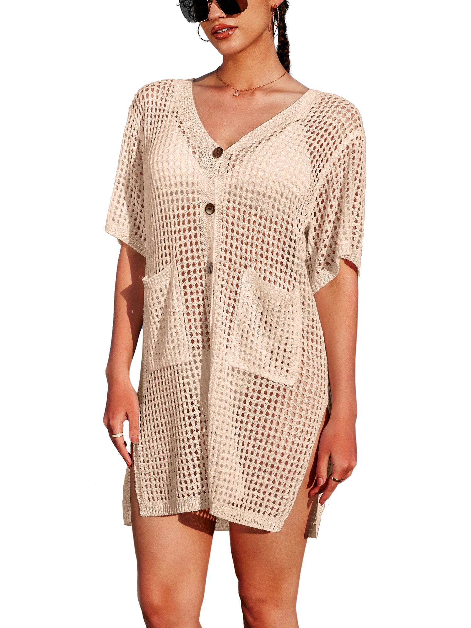 Alove Women Swimsuit Cover up Hollow Out Button down Crochet Beach ...