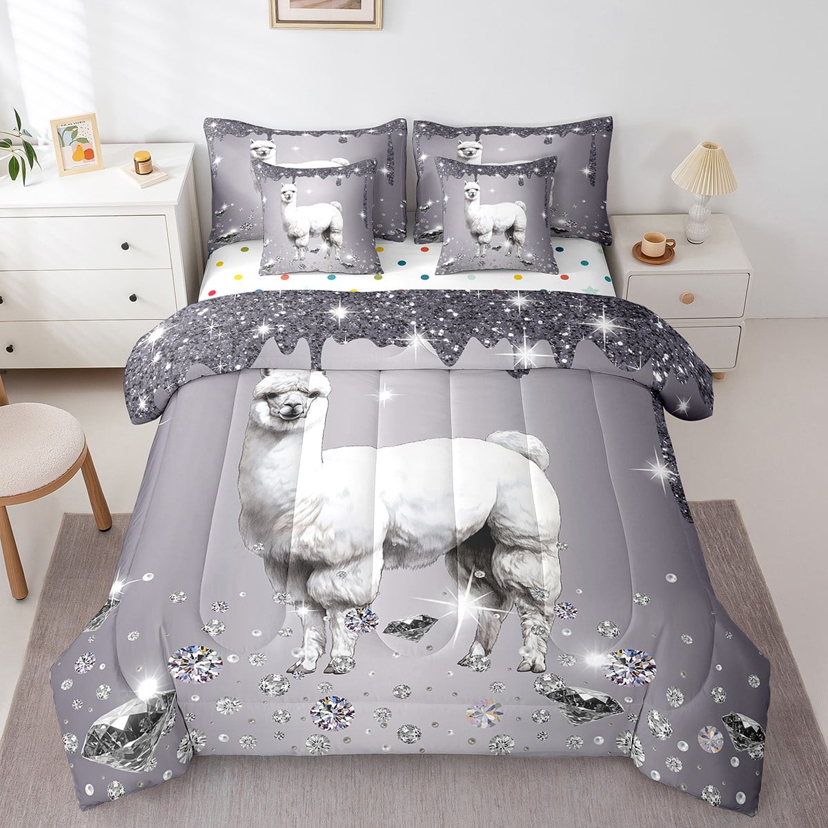 Alpaca 7 Piece Comforter Set Full Bed in a Bag,Sliver Sequin Fluid Art ...