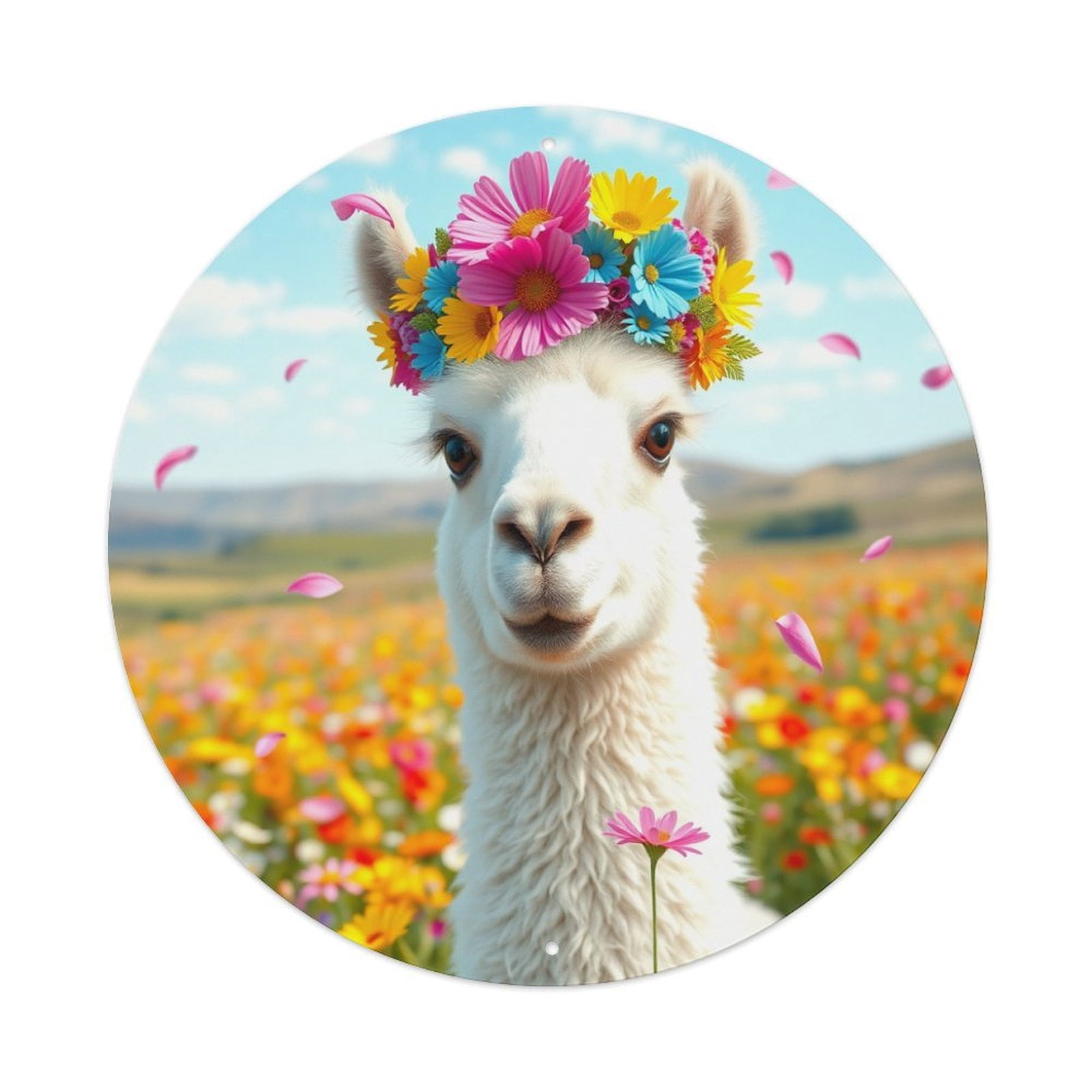 Alpaca Flower Crown7.9x7.9in Round Aluminum Plaque Wall Art, UV Printed ...