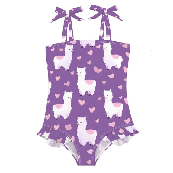 Alpaca Love Pattern Girls' One-Piece Swimsuit Bowknot Tie Shoulder ...