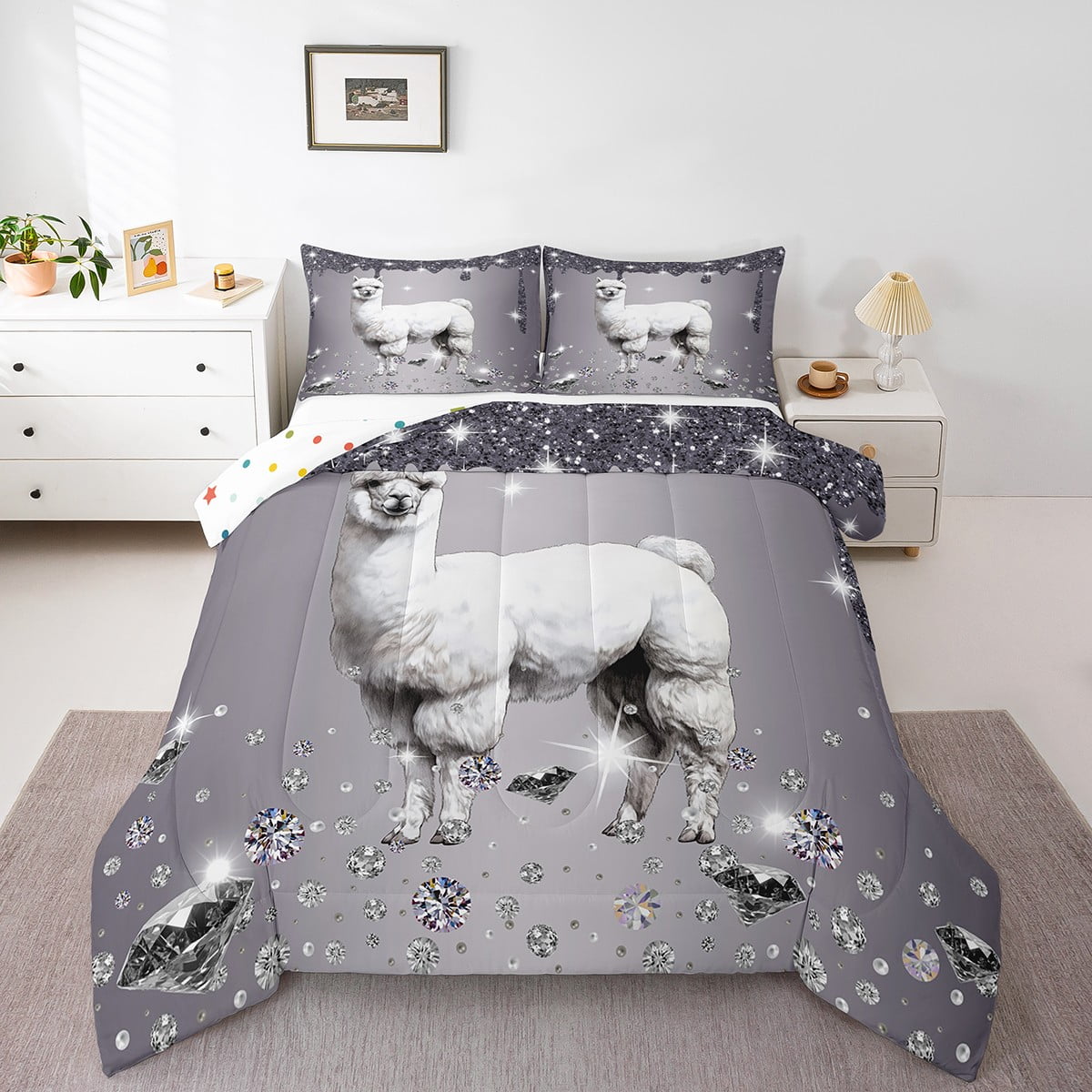 Alpaca Queen Comforter Set Sliver Sequin Fluid Art Bed Set,Crystal ...