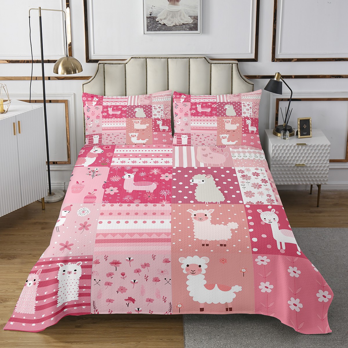 Alpaca Quilt Set Pink Room Decor,Checked Buffalo Plaid Lama Print ...