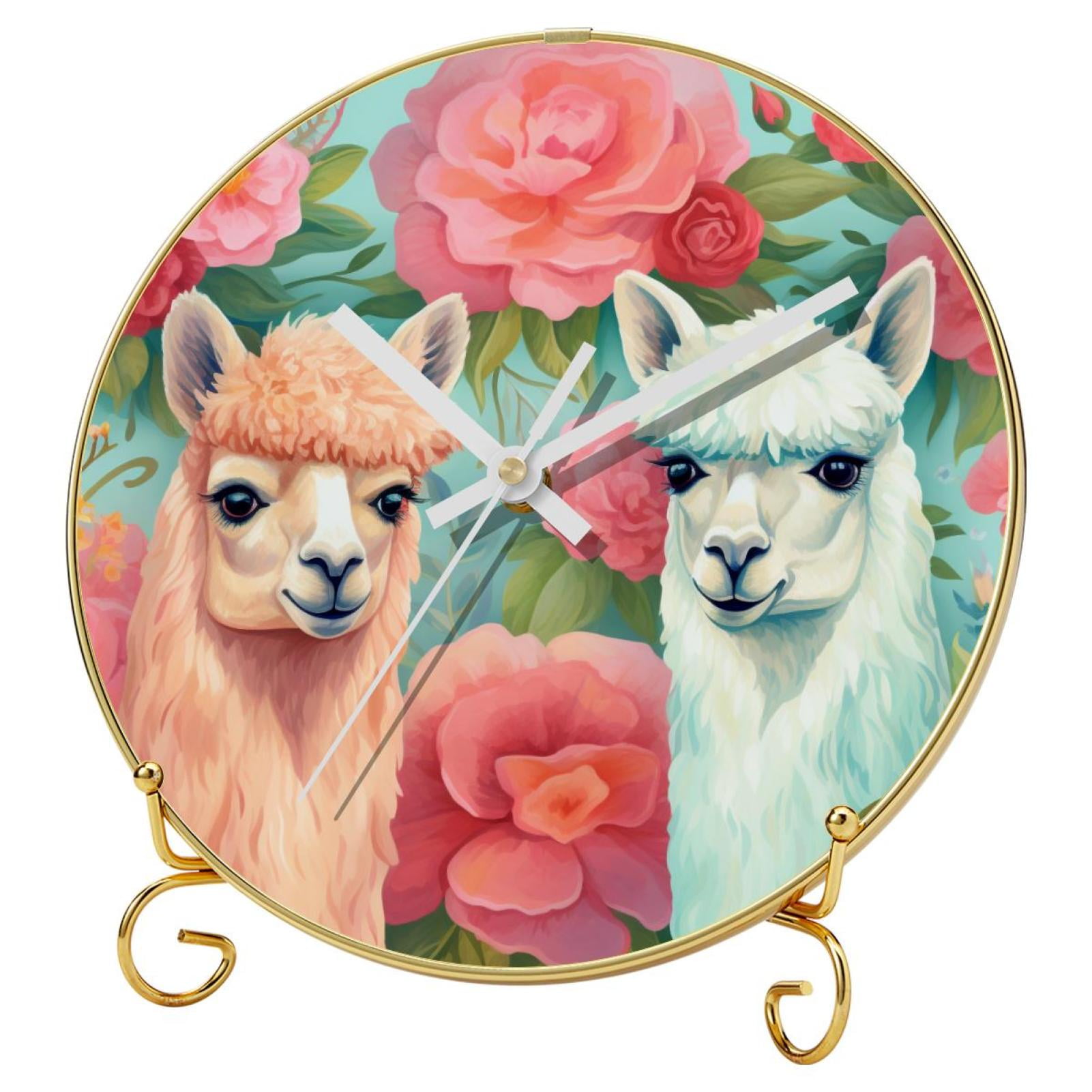 Alpaca Round Printed Wall Clocks with Hooks and Gold Stand, Silent Non ...