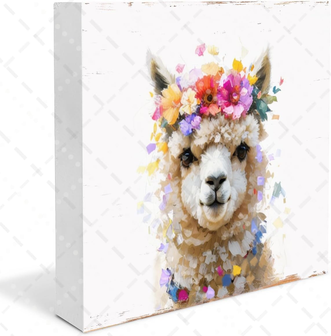 Alpaca With Flower Wreathes Wooden Box Sign Table Decor Rustic ...
