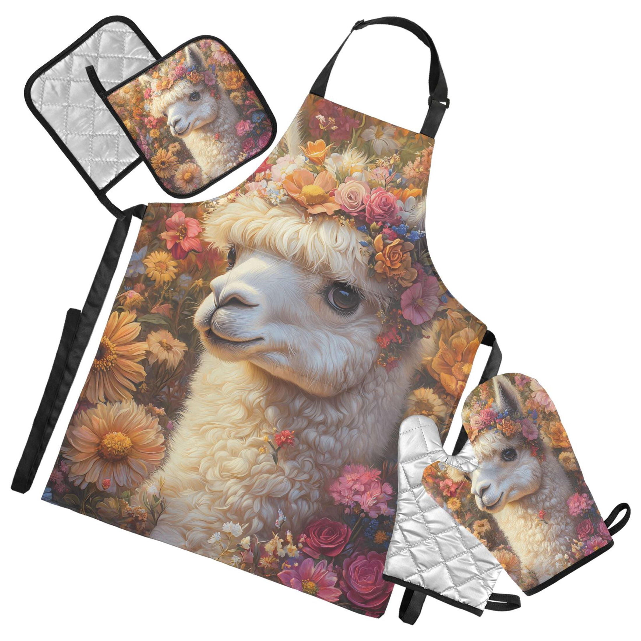 Alpaca in Flowers 5 Pcs Kitchen Set Heat Resistant Oven Mitts and Non ...