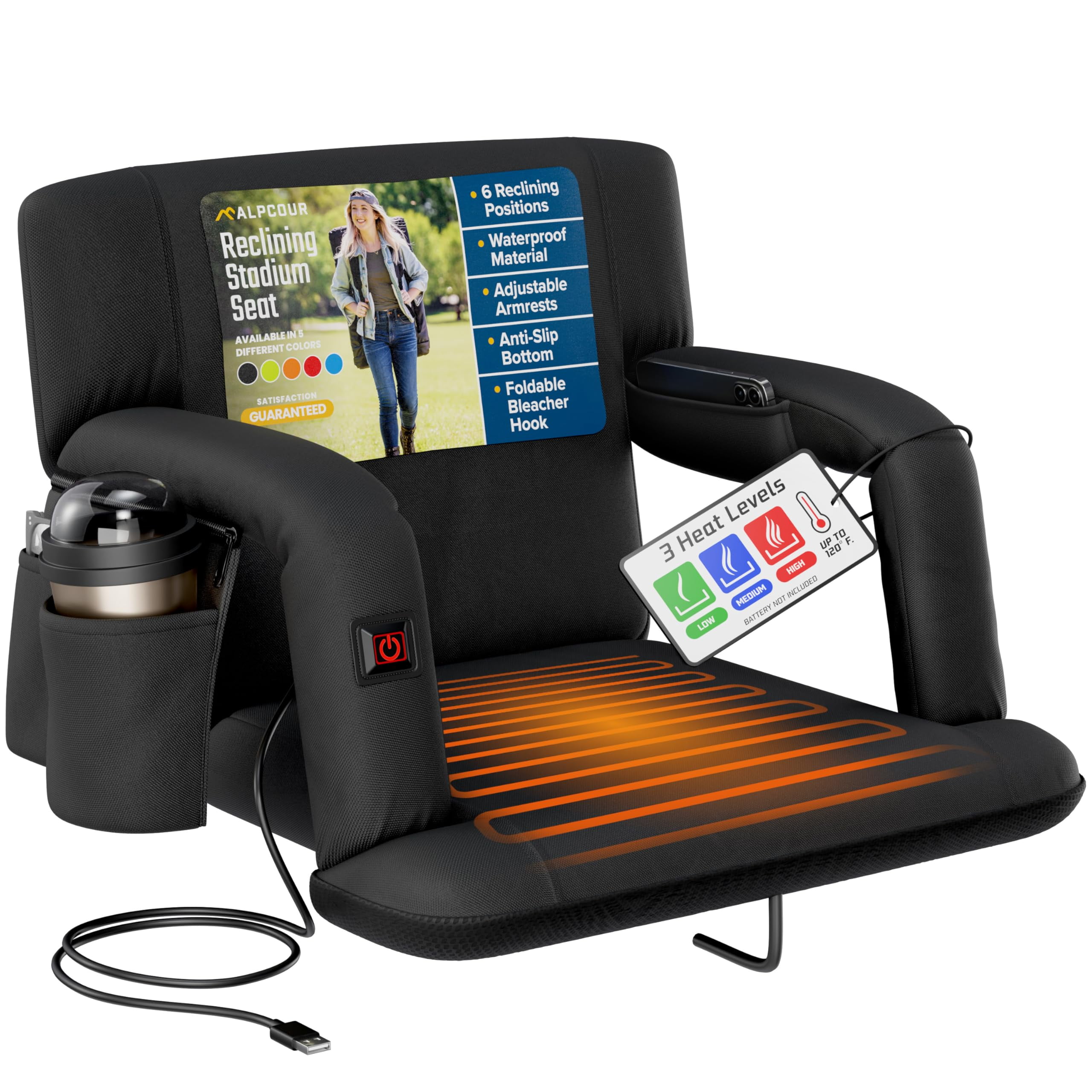 Alpcour Portable Heated Folding Stadium Seat - Padded, Waterproof ...