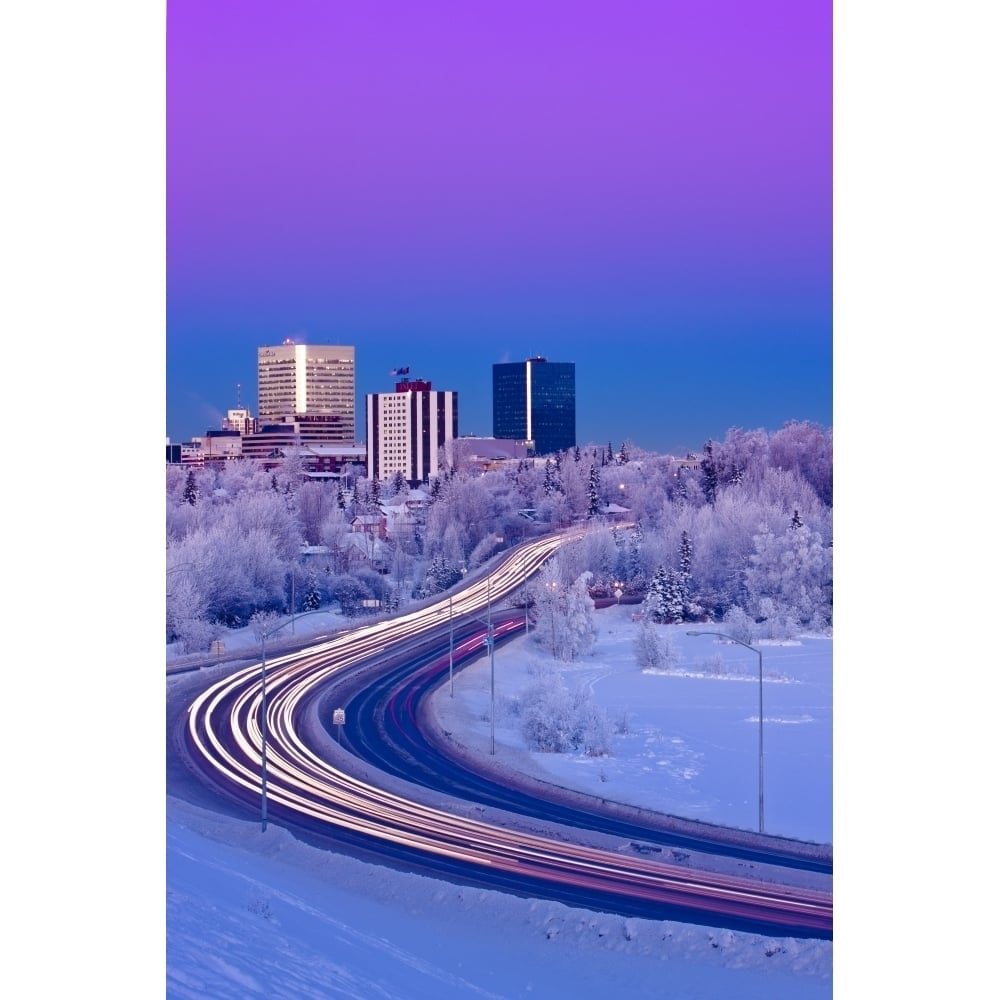 Alpenglow Over The Anchorage Skyline With The Lights From Traffic On ...