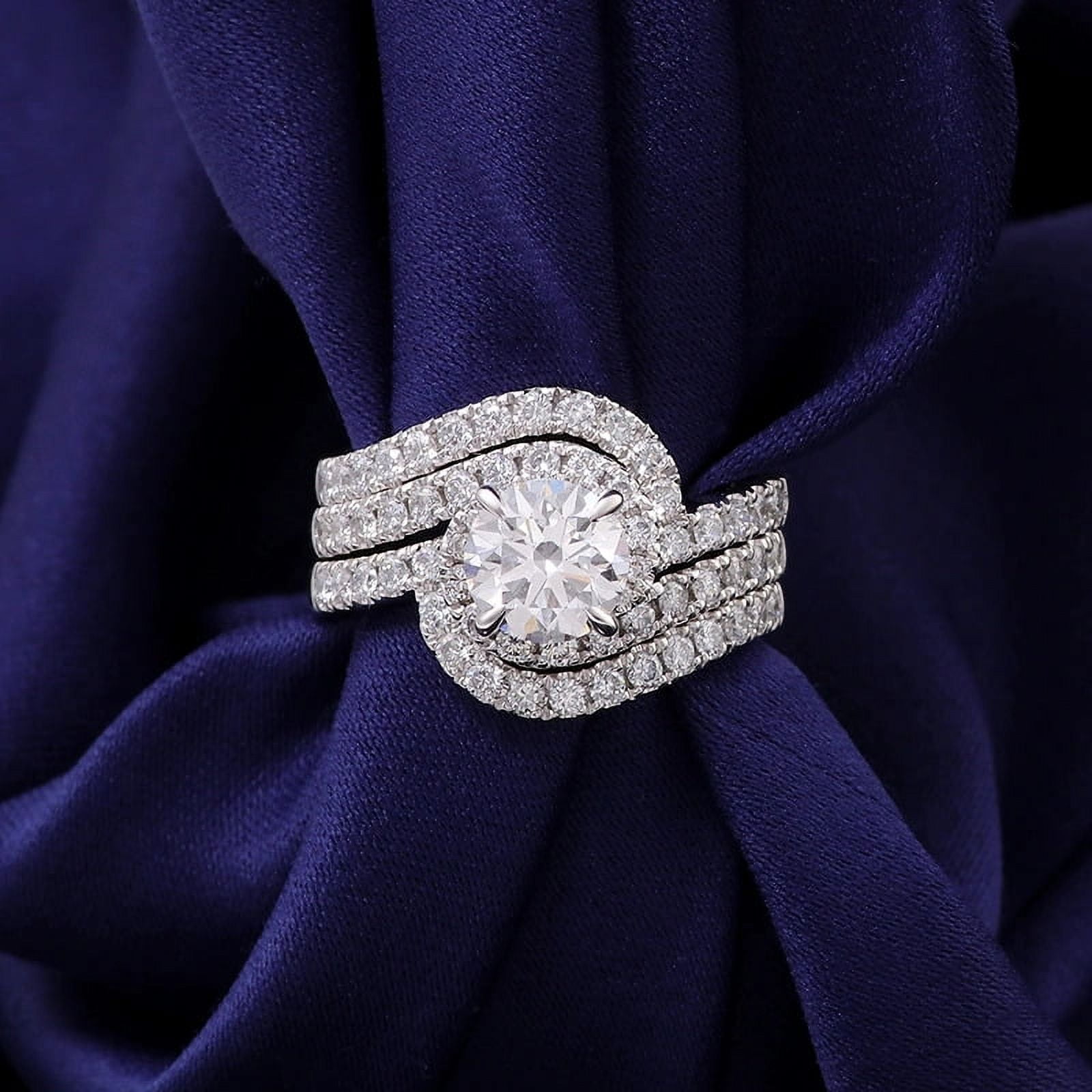 Alpha Jewel 2.1 Ct Round Cut Diamond Ring - 14K White Gold Plated Trio ...