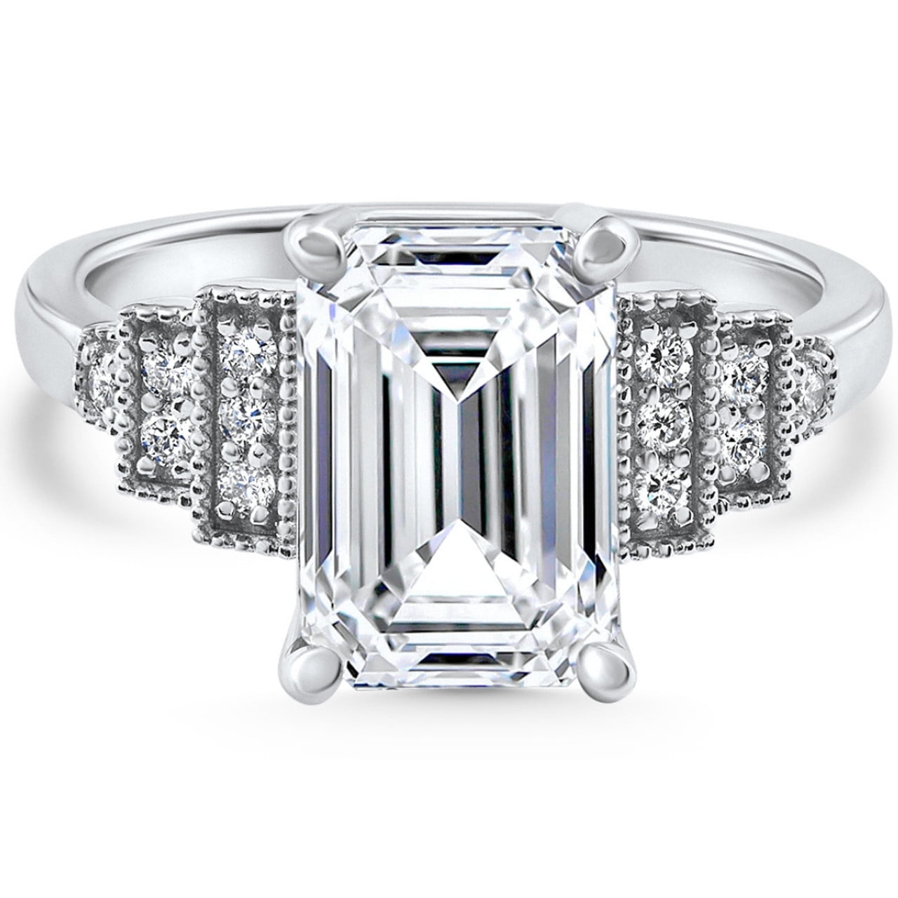 Alpha Jewelry 14K White Gold Plated Wedding Anniversary Ring - 2 Ct Emerald Cut White Diamond ...