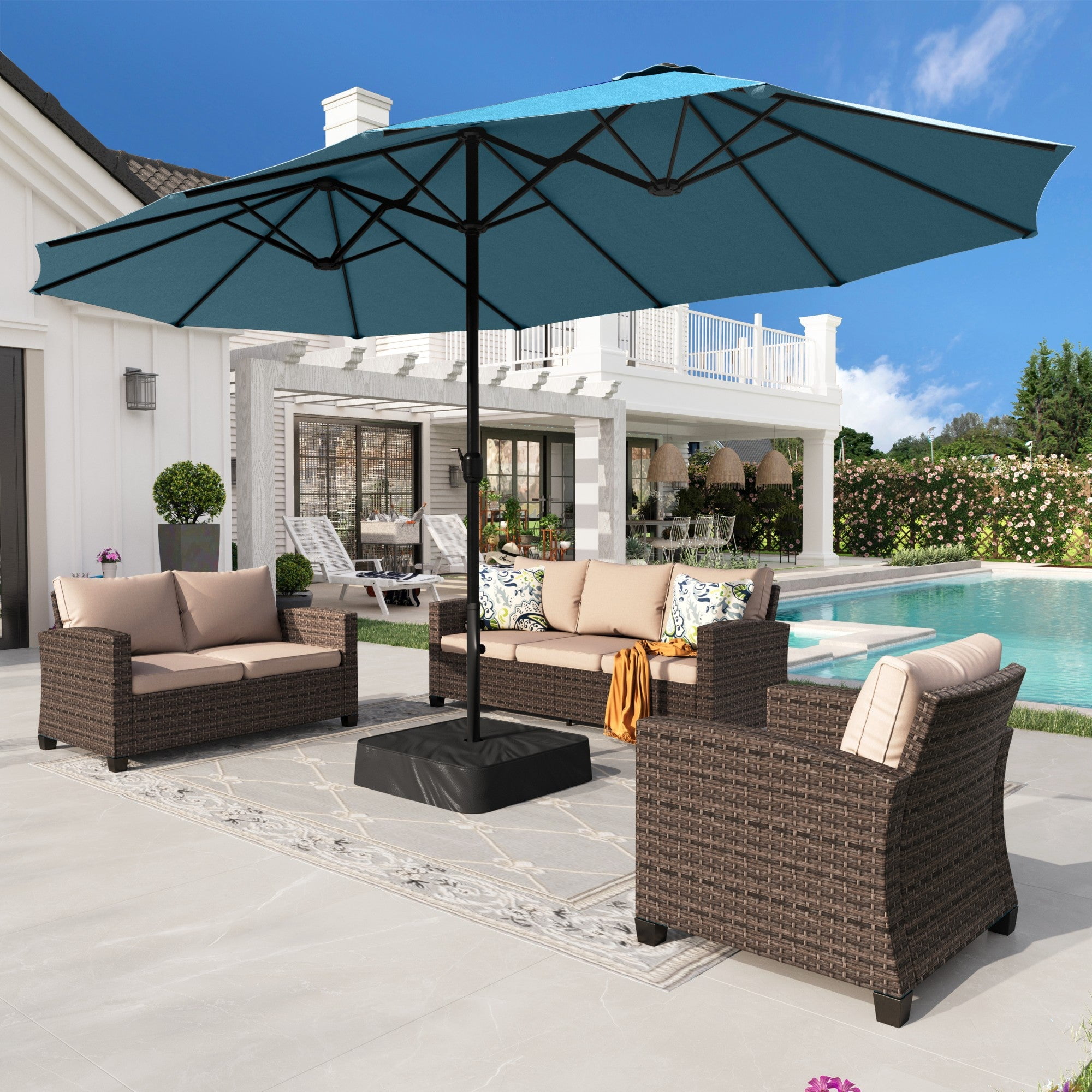 Alpha Joy 15ft Patio Umbrella, Double-Sided, Cerulean, UV-Resistant ...