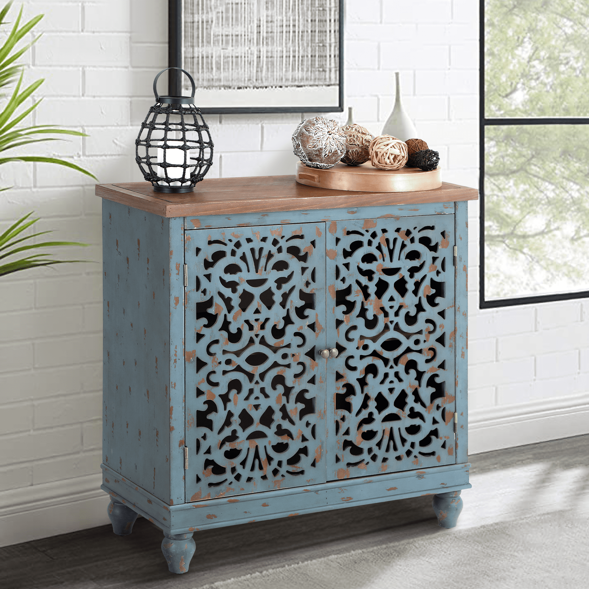 Alpha Joy Vintage 2-Door Storage Credenza, Hollow Carving Accent ...