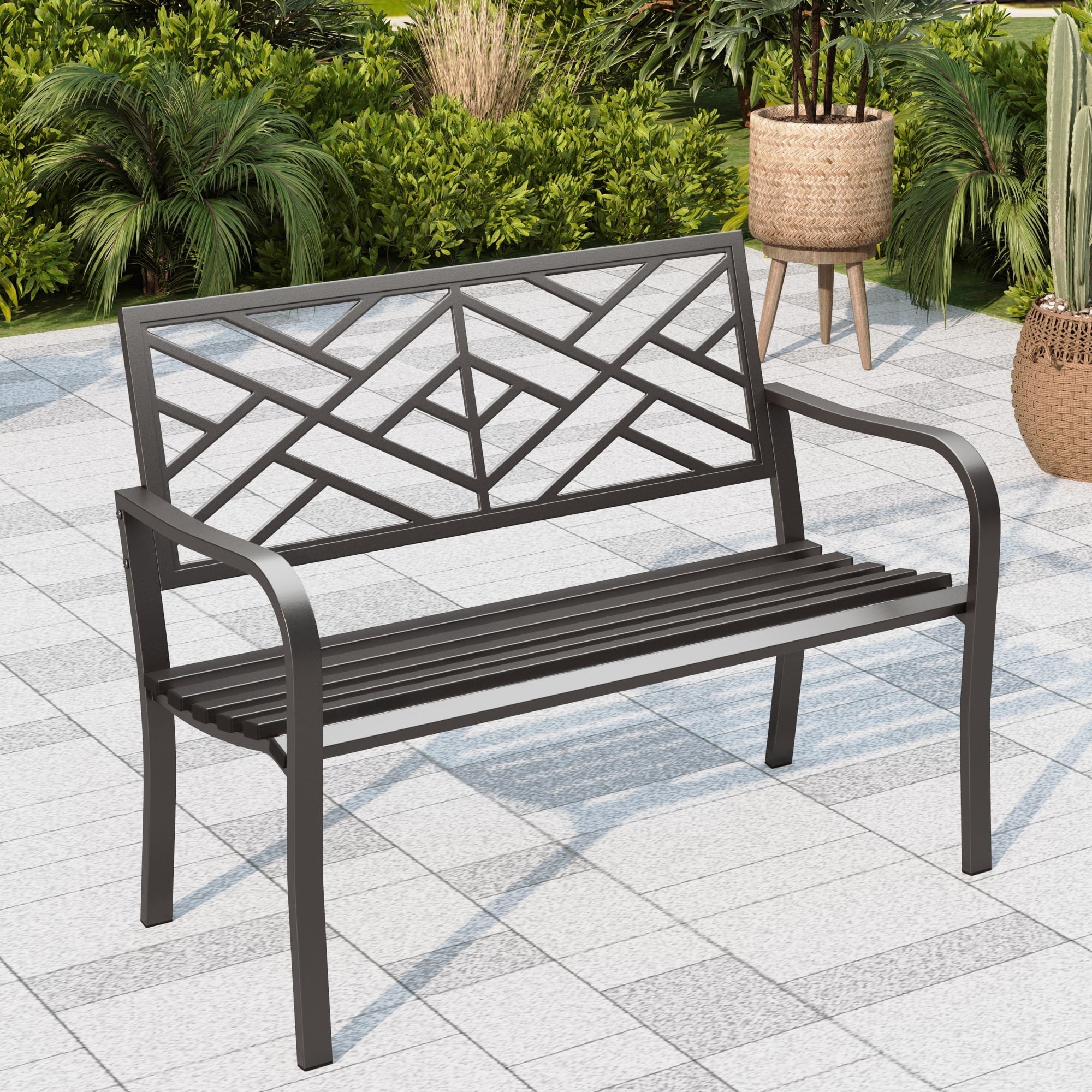 Alpha Joy Outdoor Bench 2-Person Metal Patio Garden Bench for Lawn, Park, Geometric - Walmart.com