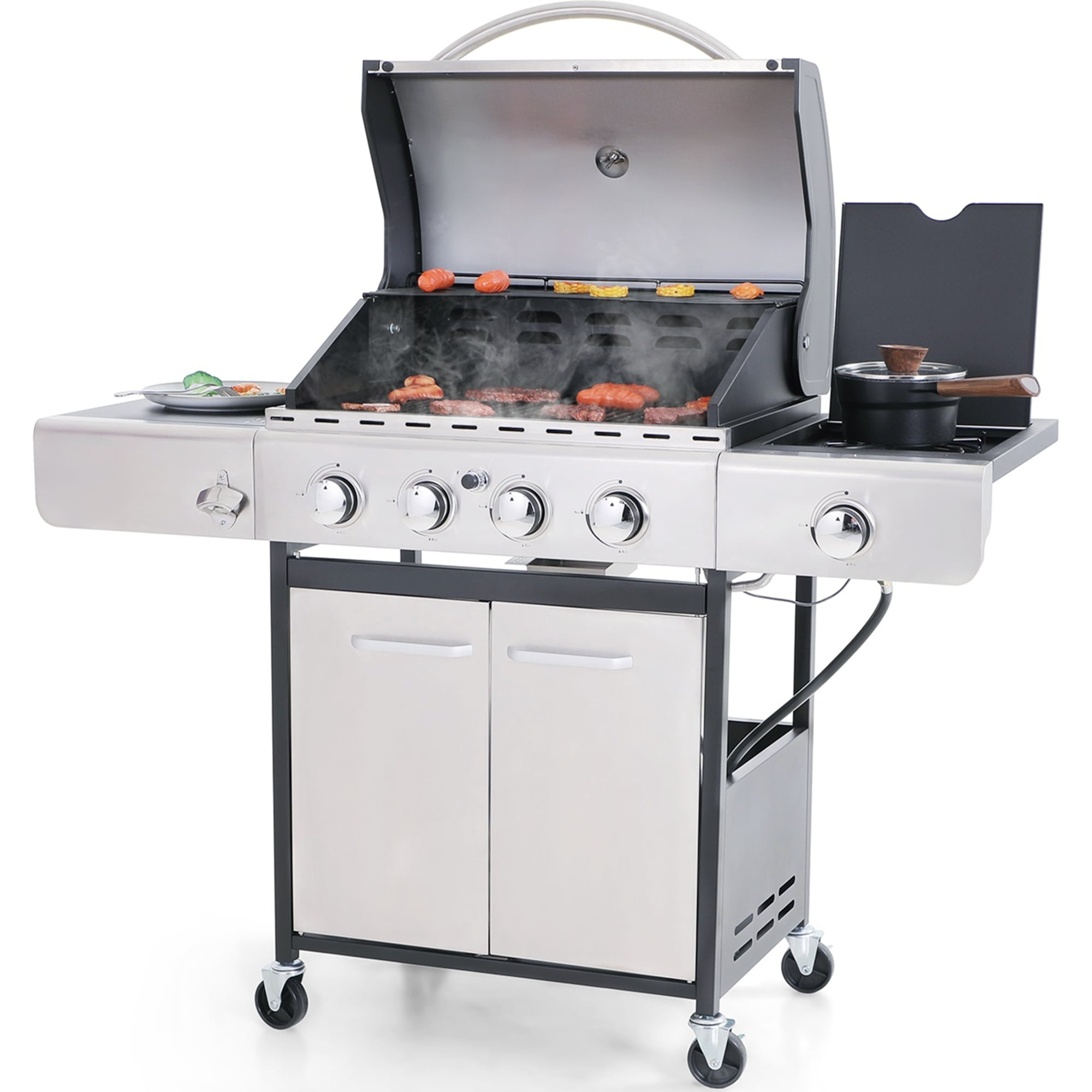 Alpha Joy 4-Burner Propane Gas BBQ Grill with Side Burner and 4 Wheels ...