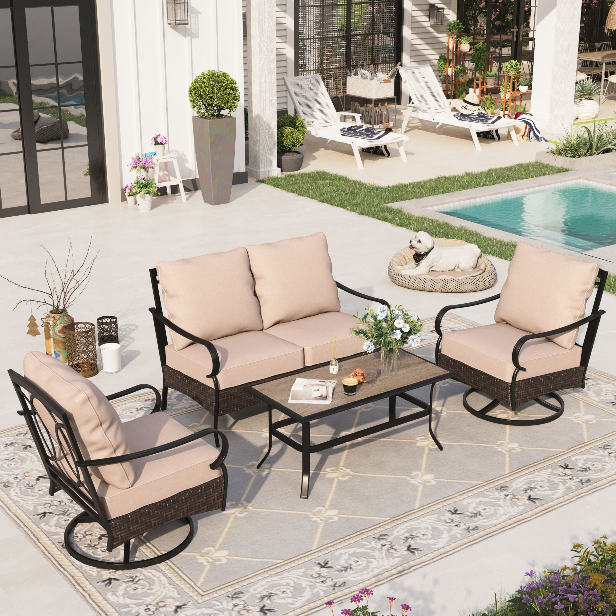 Alpha Joy 4-Piece Outdoor Patio Sofa Set, Steel Furniture with Swivel ...