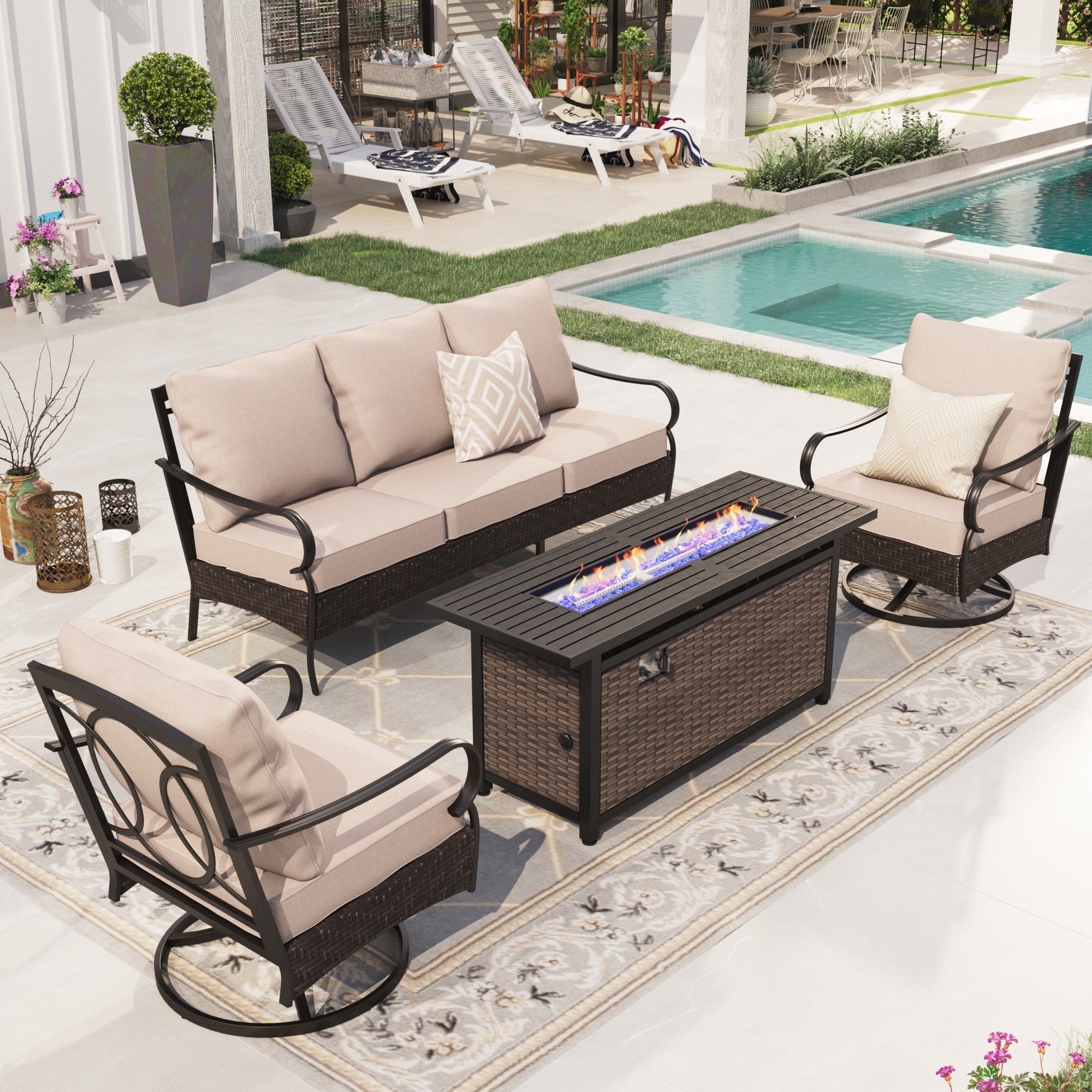 Crosley Richland 5 Piece Wicker Patio Fire Table Set in Gray and Black ...