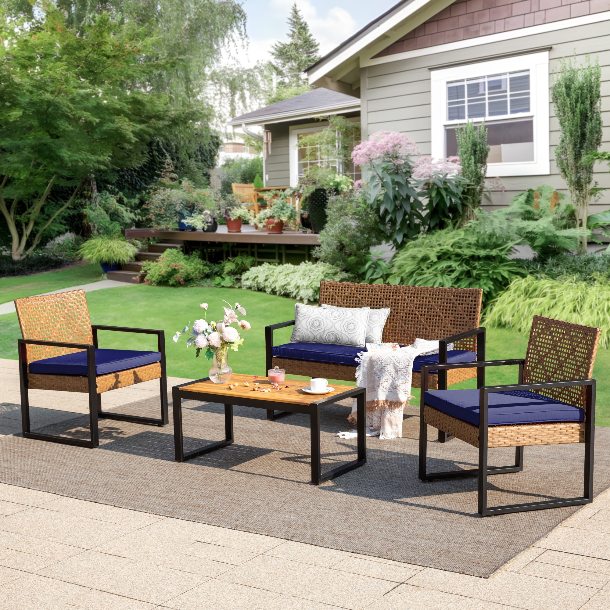 Alpha Joy 4 Piece Wicker Outdoor Patio Conversation Set, Brown & Navy ...