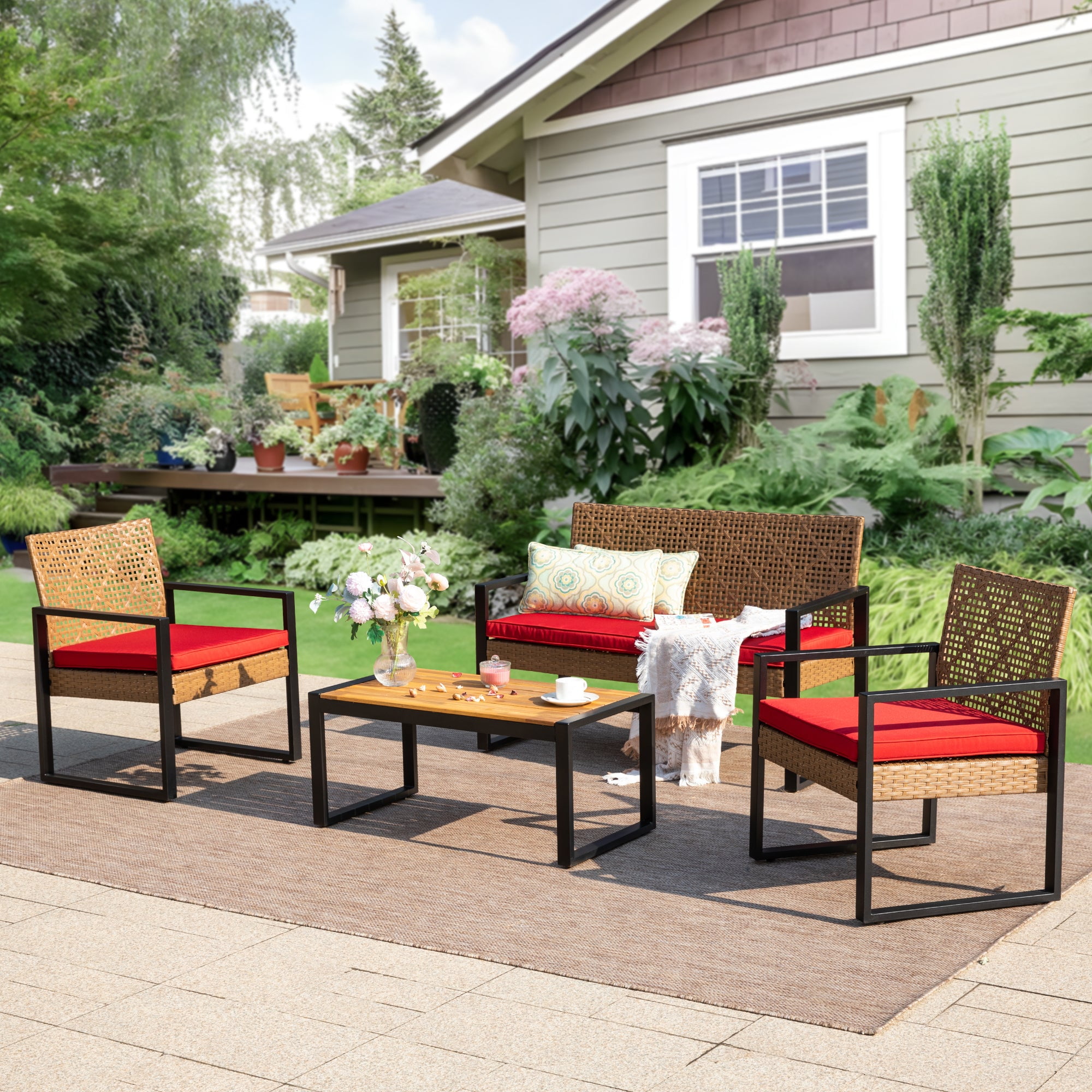 Alpha Joy 4 Piece Wicker Outdoor Patio Conversation Set, Brown & Red ...